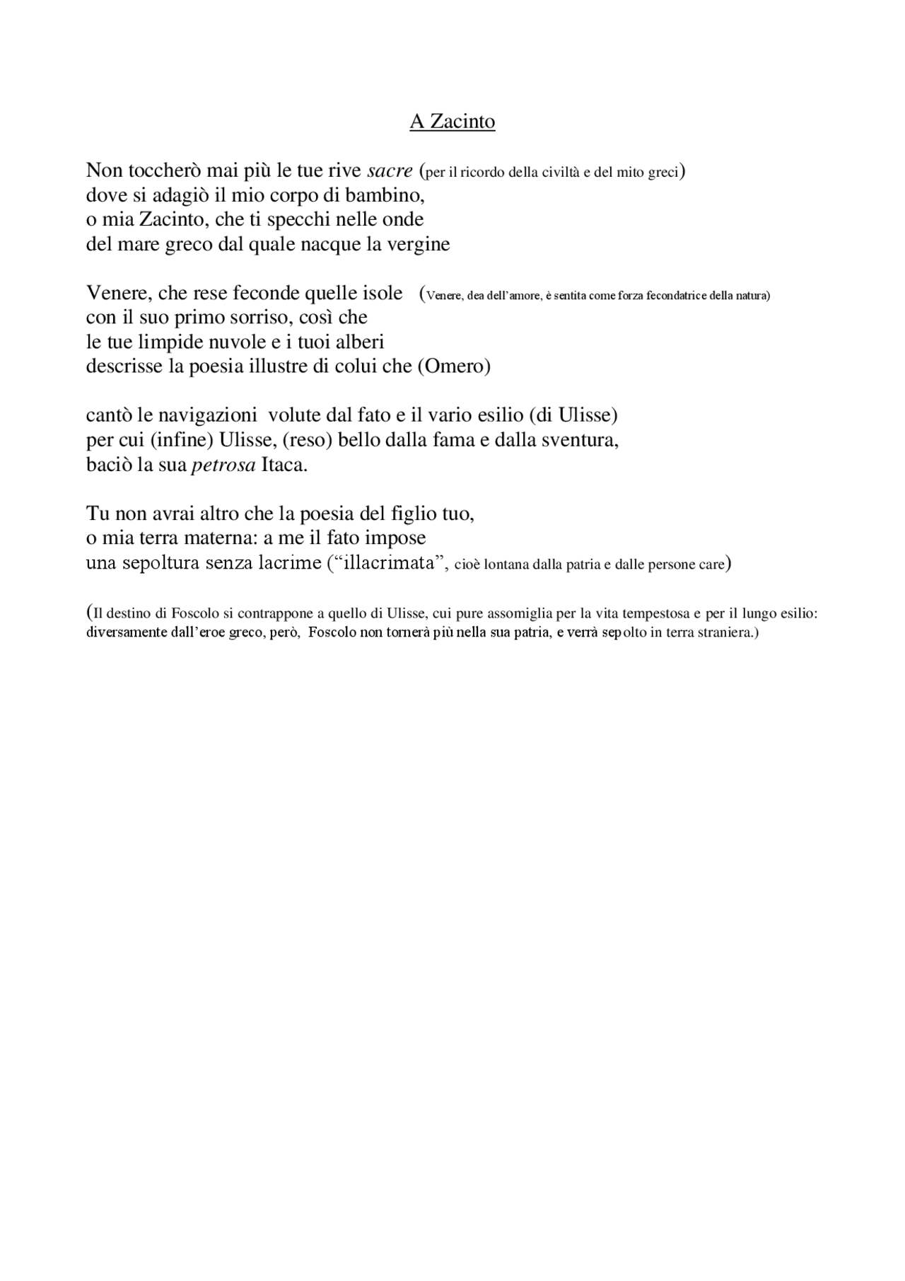 A Zacinto Parafrasi Appunti Di Italiano Docsity