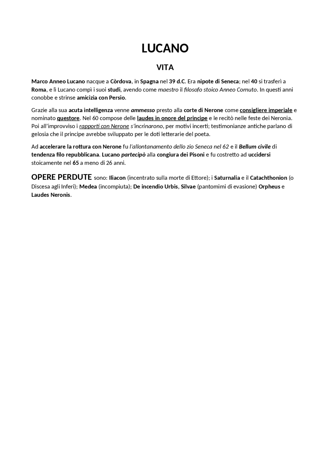 Lucano Vita E Opere Perdute Docsity