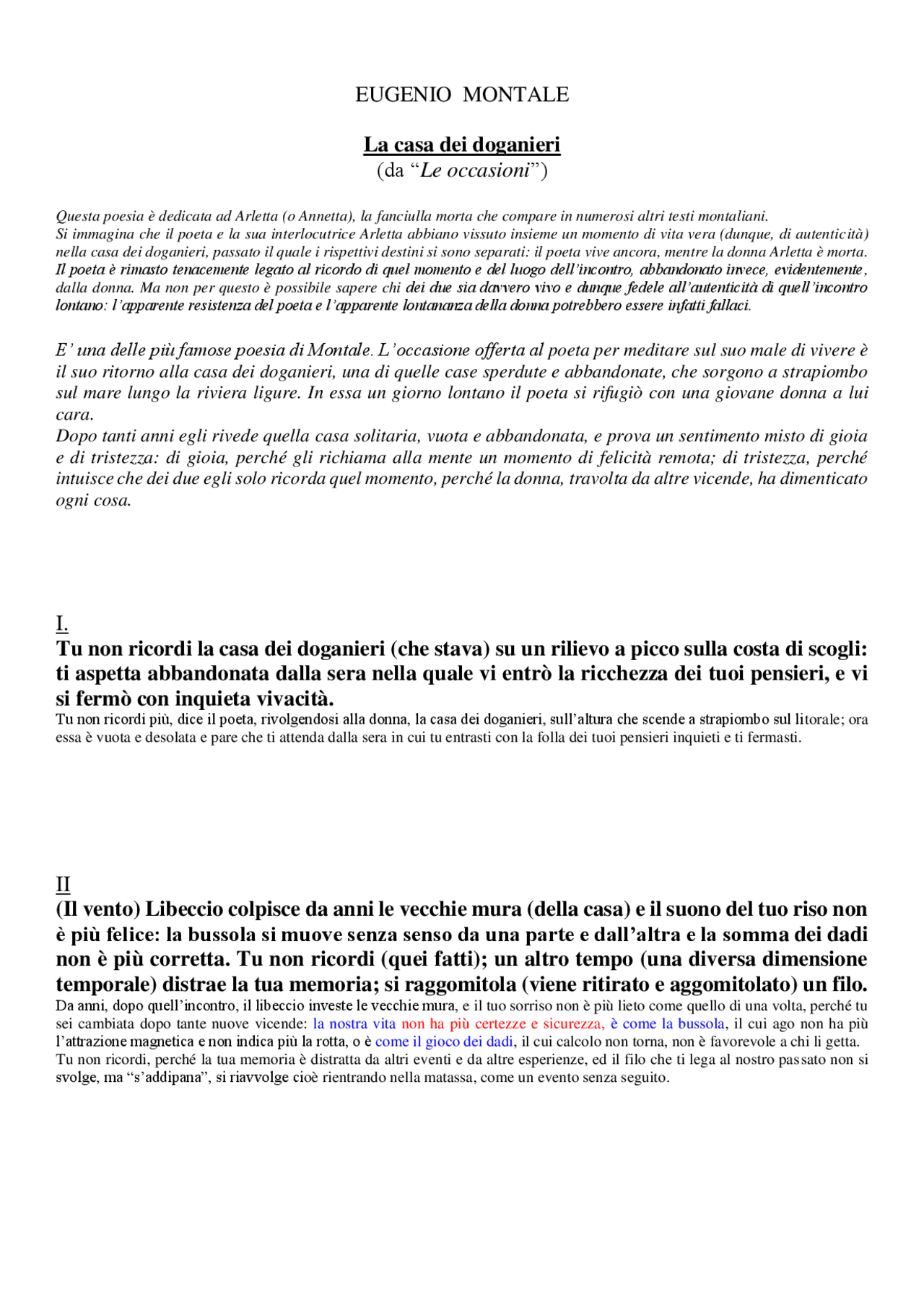 La casa dei doganieri di Montale - Docsity