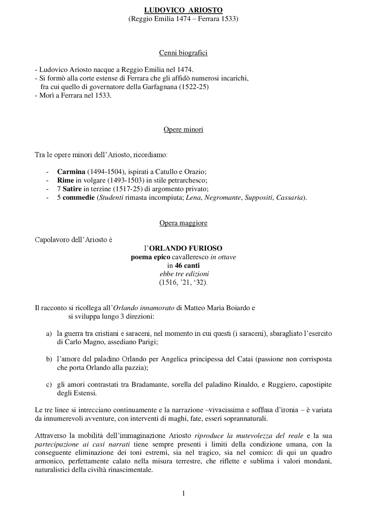 Ariosto Vita E Opere Docsity