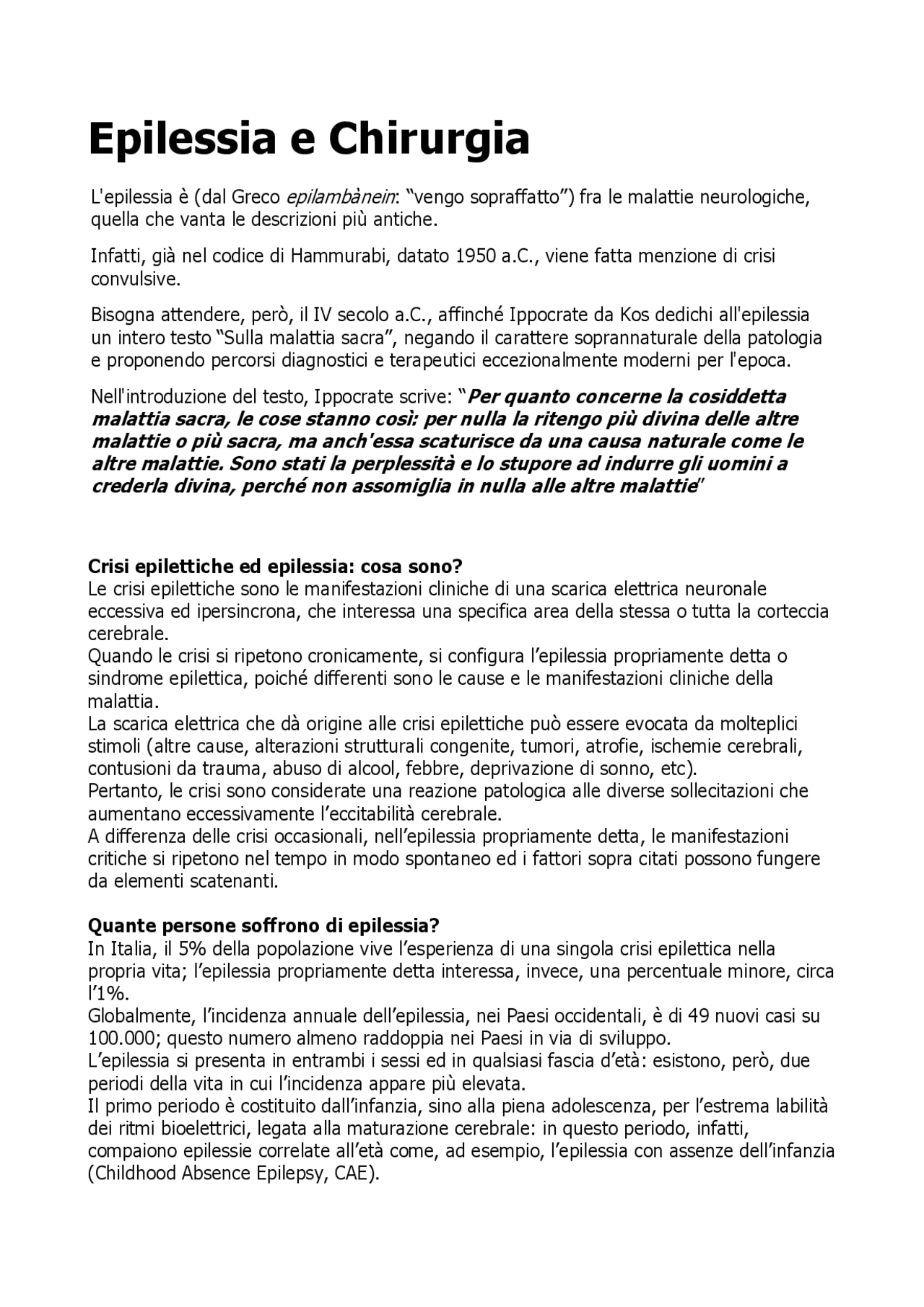 Epilessia E Chirurgia Neurochirurgia Docsity
