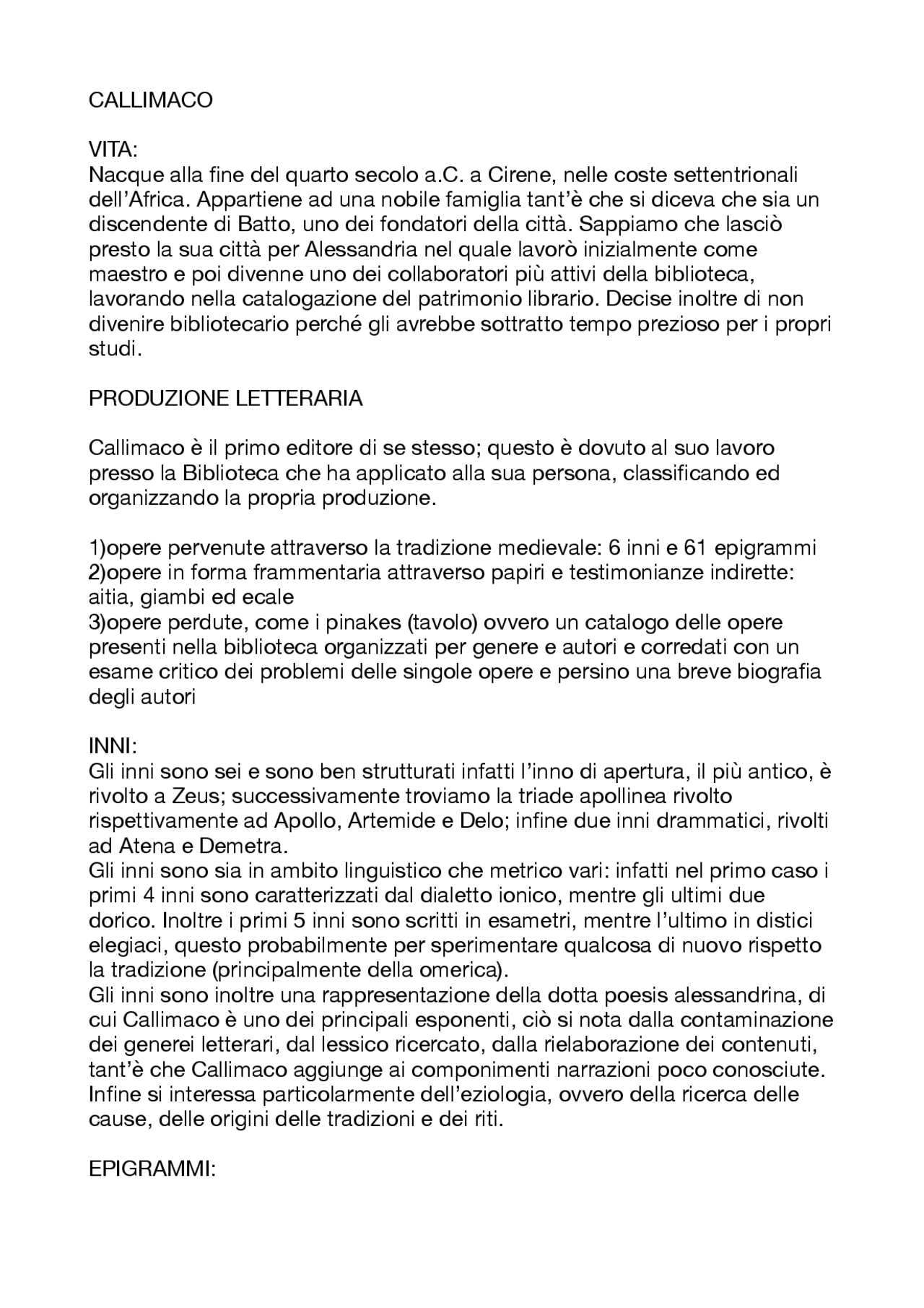 Vita E Opere Di Callimaco Docsity