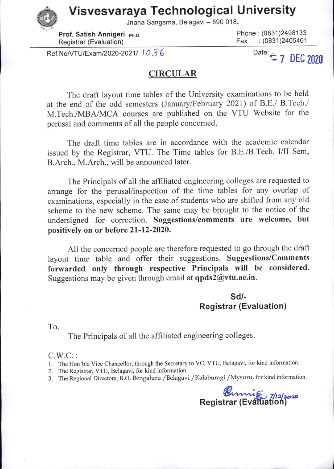 Vtu draft timetable for the year 2020-2021 - Docsity