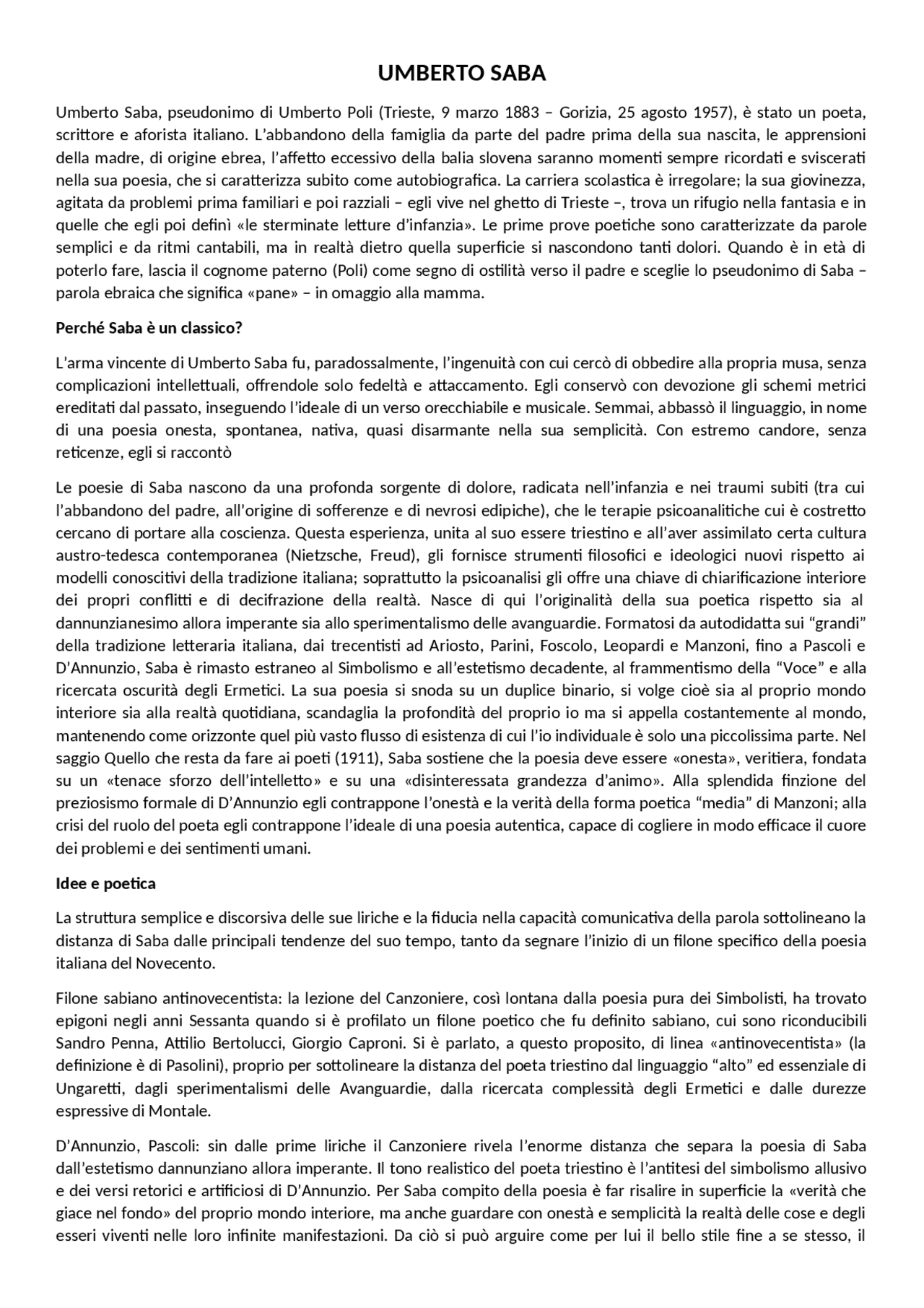 Vita E Opere Di Umberto Saba Docsity