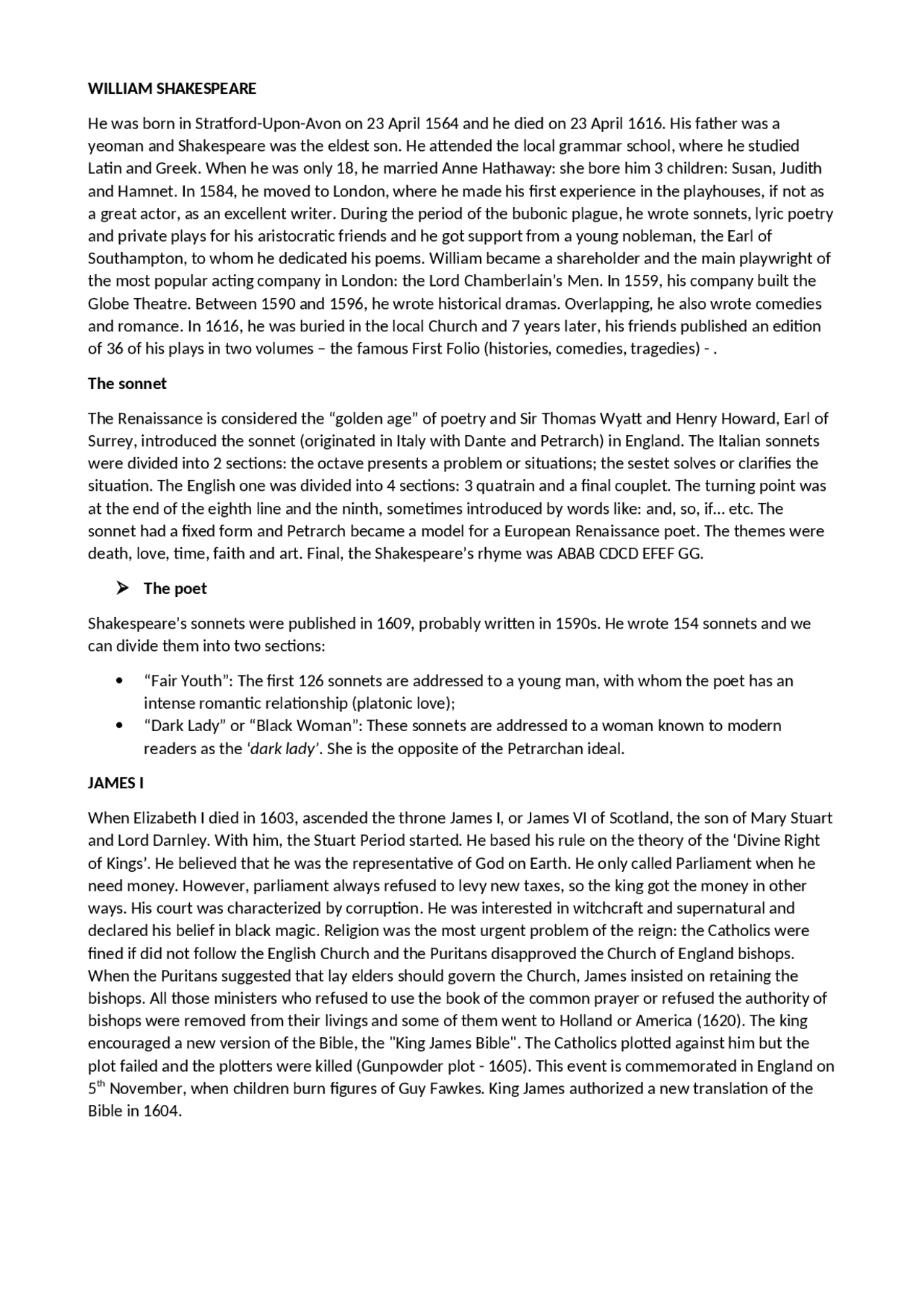 WILLIAM SHAKESPEARS AND THE SONNET - Docsity