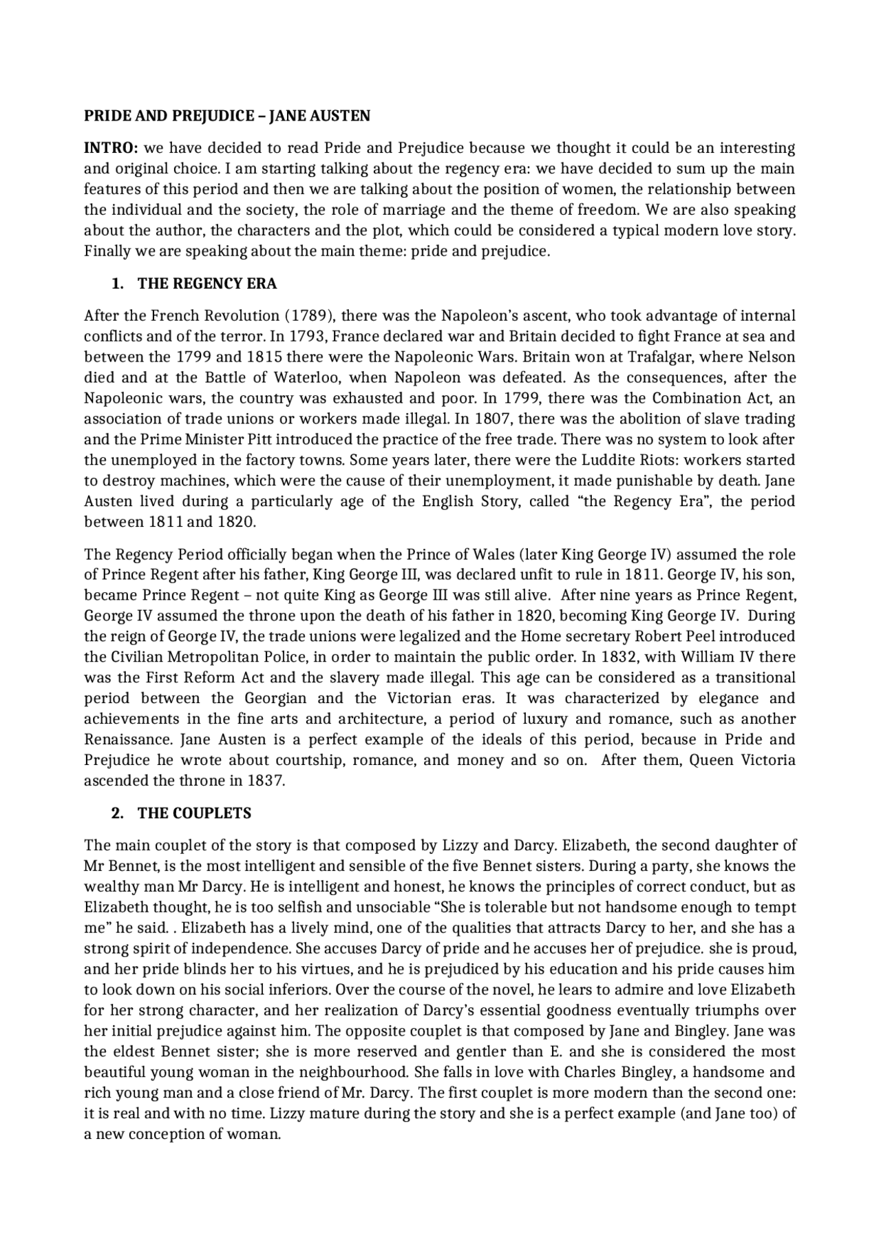 PRIDE AND PREJUDICE – JANE AUSTEN - Docsity