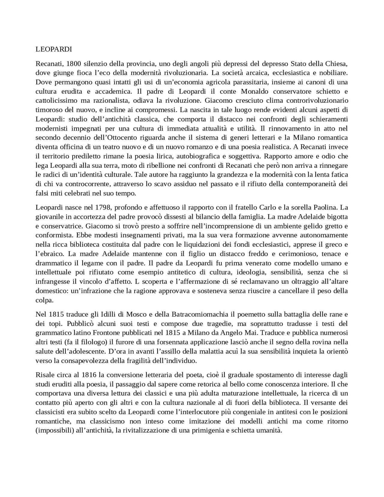 Leopardi Gino Tellini Summaries Of Italian Literature Docsity