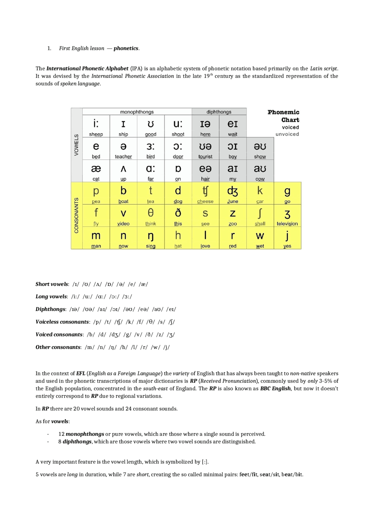 First Lesson Phonetics Docsity