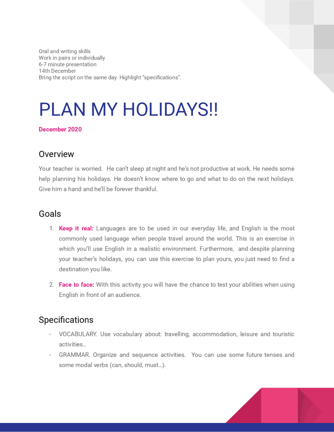 Plan my holidays (english) bachillerato | Apuntes de Inglés | Docsity