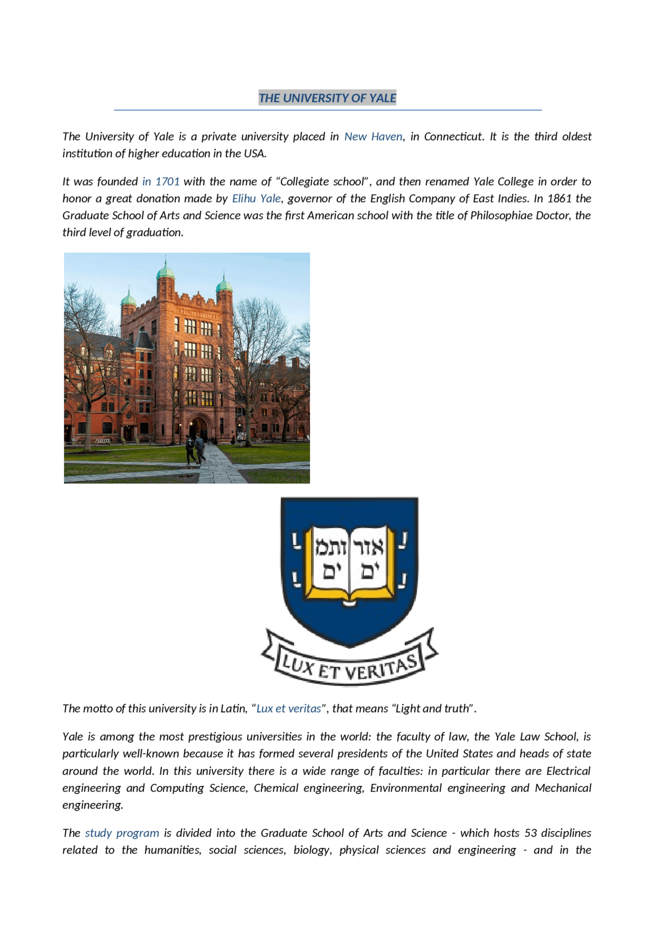 Description of the university of yale - Docsity