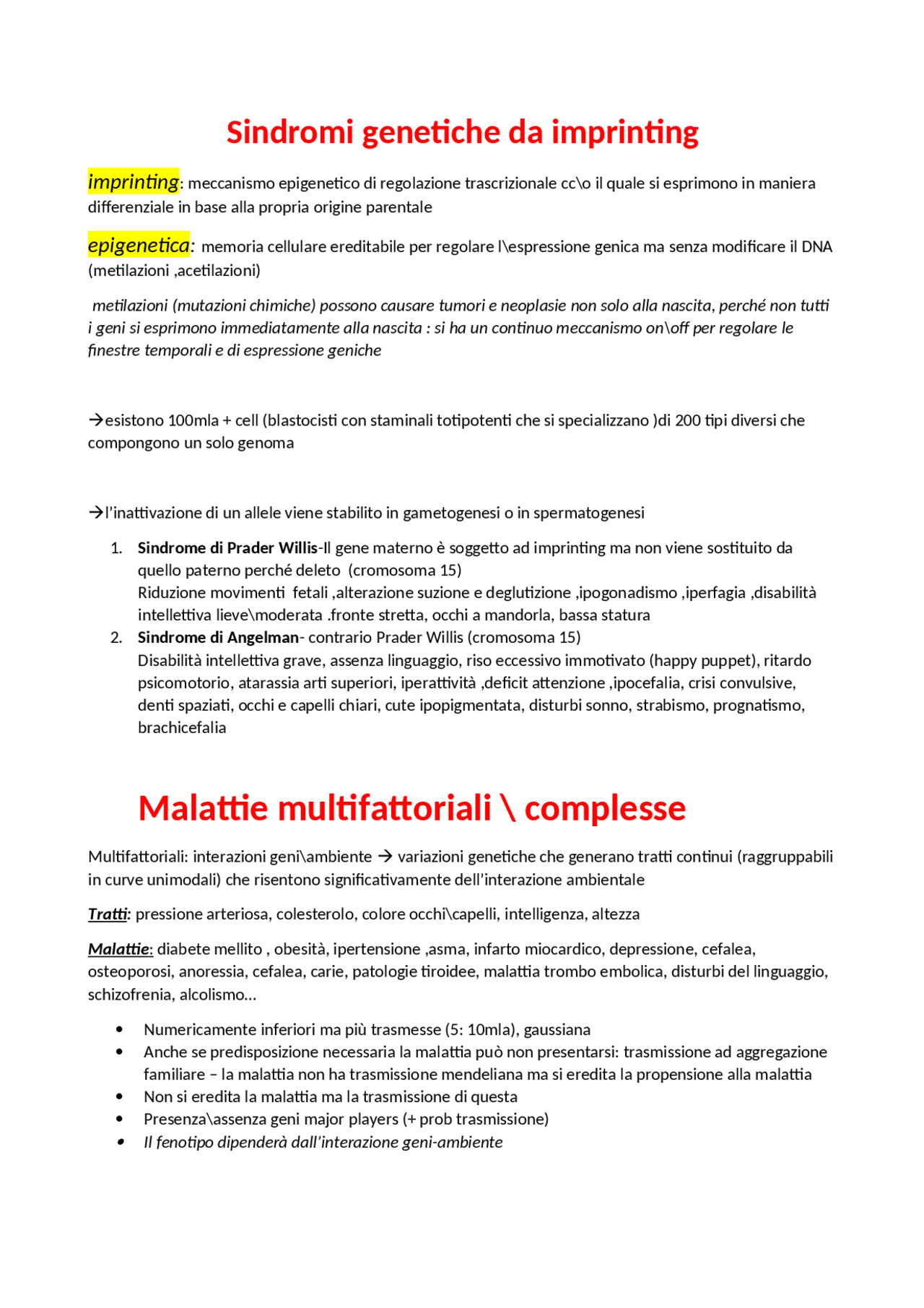 Genetica Sindromi Genetiche Da Imprinting Docsity