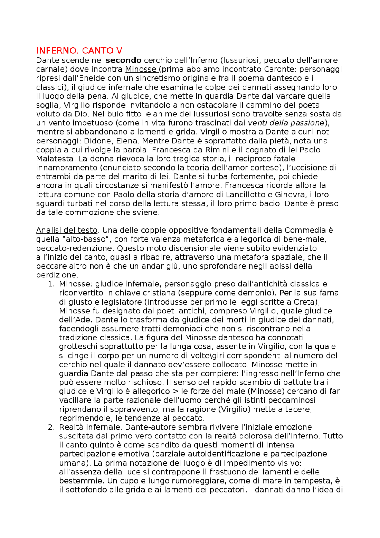 Canto V dell'Inferno - Docsity