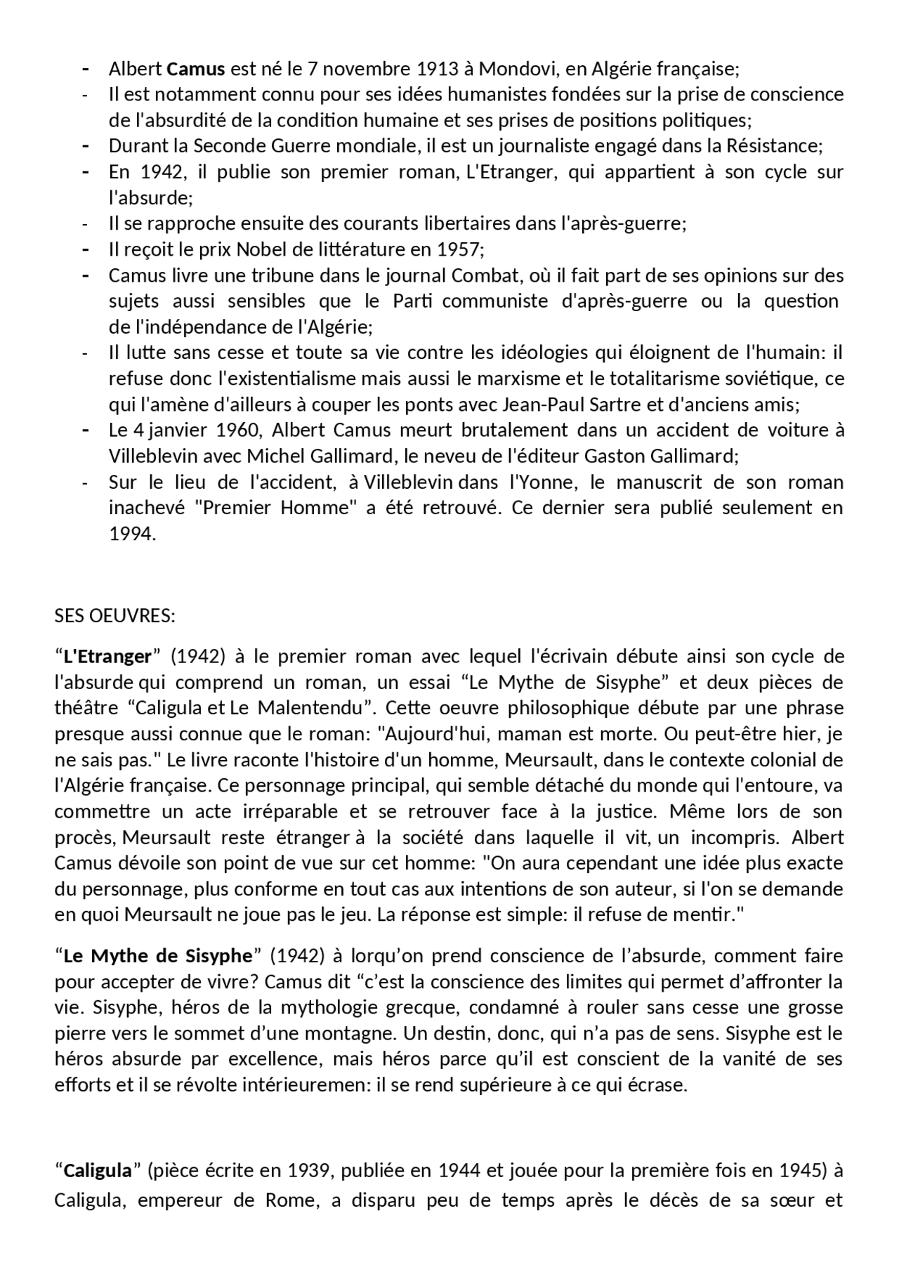 La Vita E Le Opere Di Camus Docsity