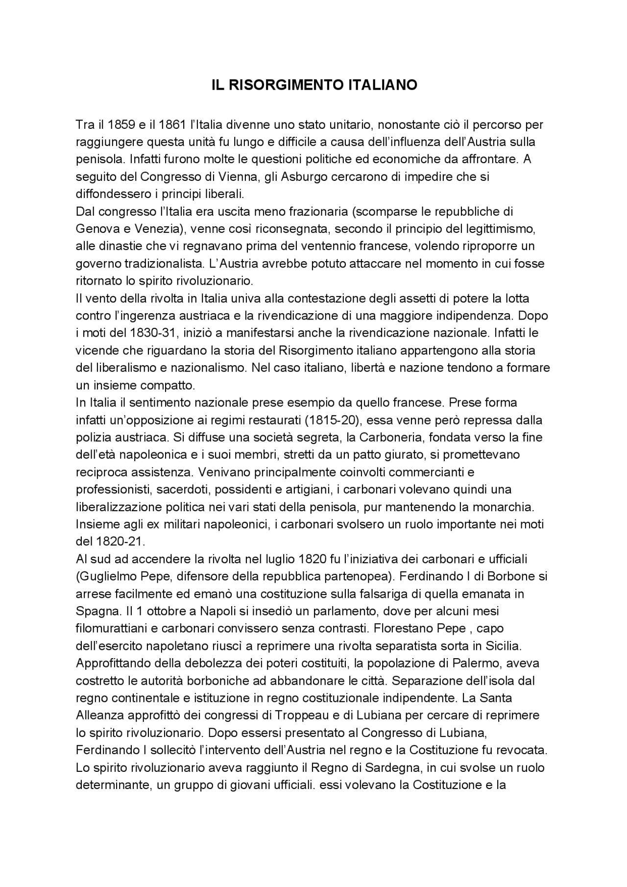 Risorgimento e Unità d'Italia - Docsity