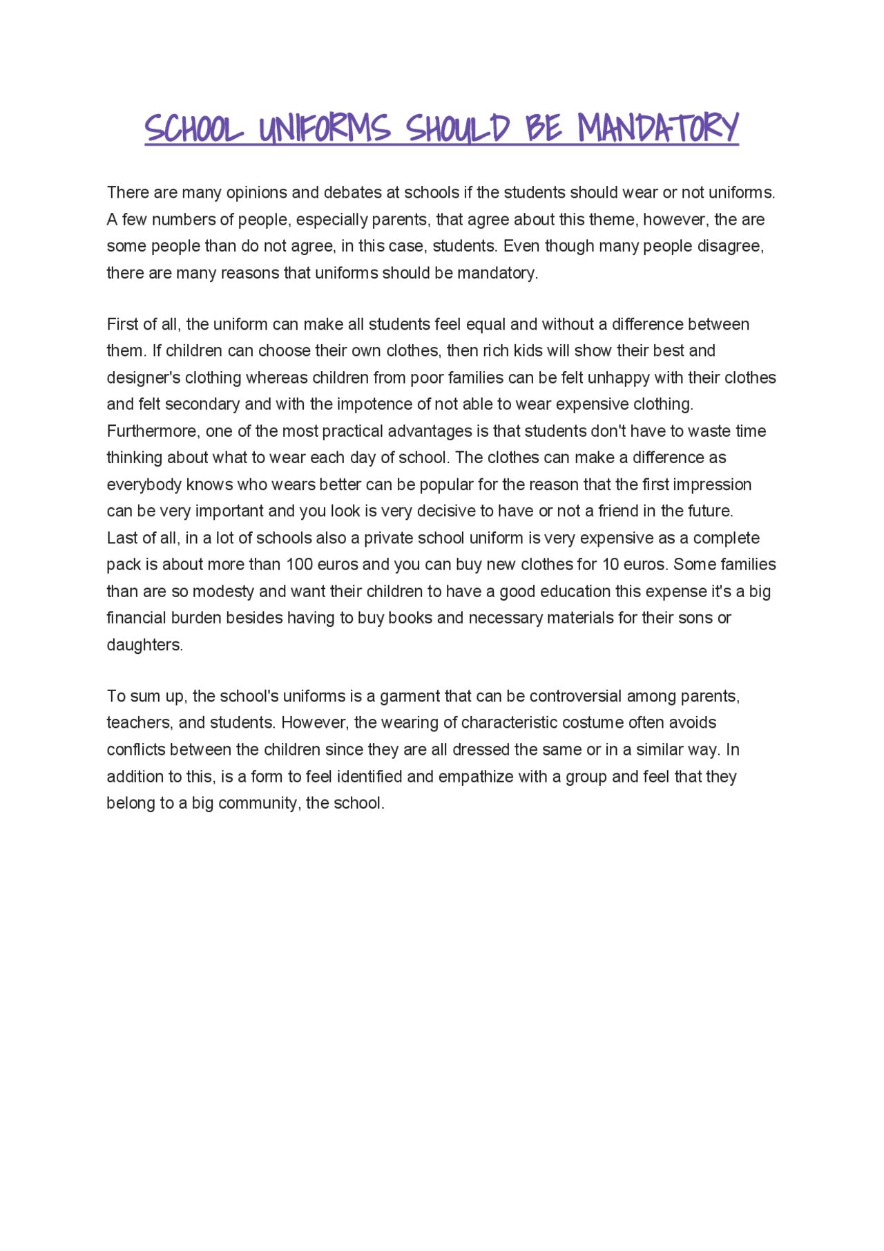 School uniforms should be mandatory - Docsity