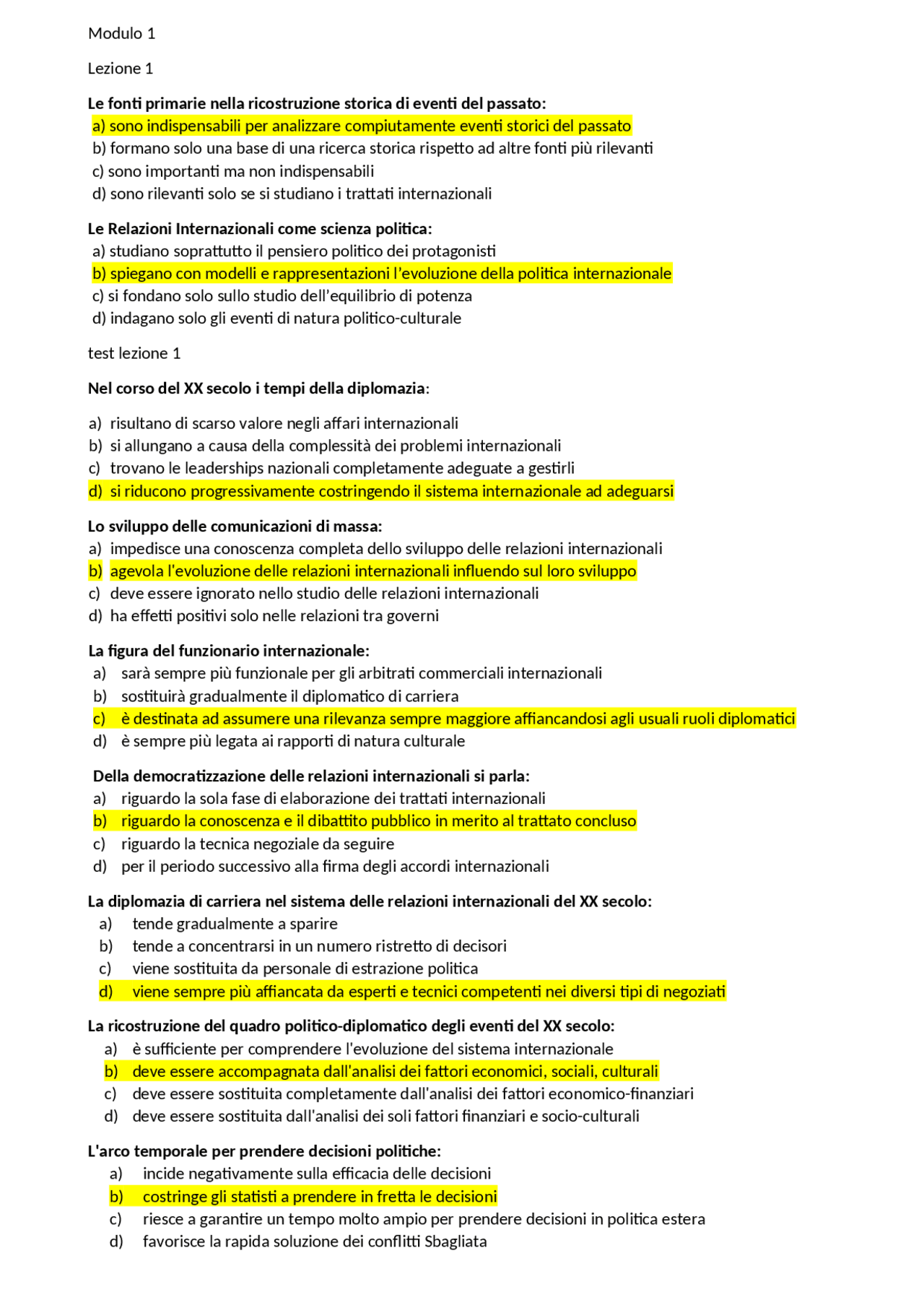 Test Relazioni Internazionali Unicusano Docsity