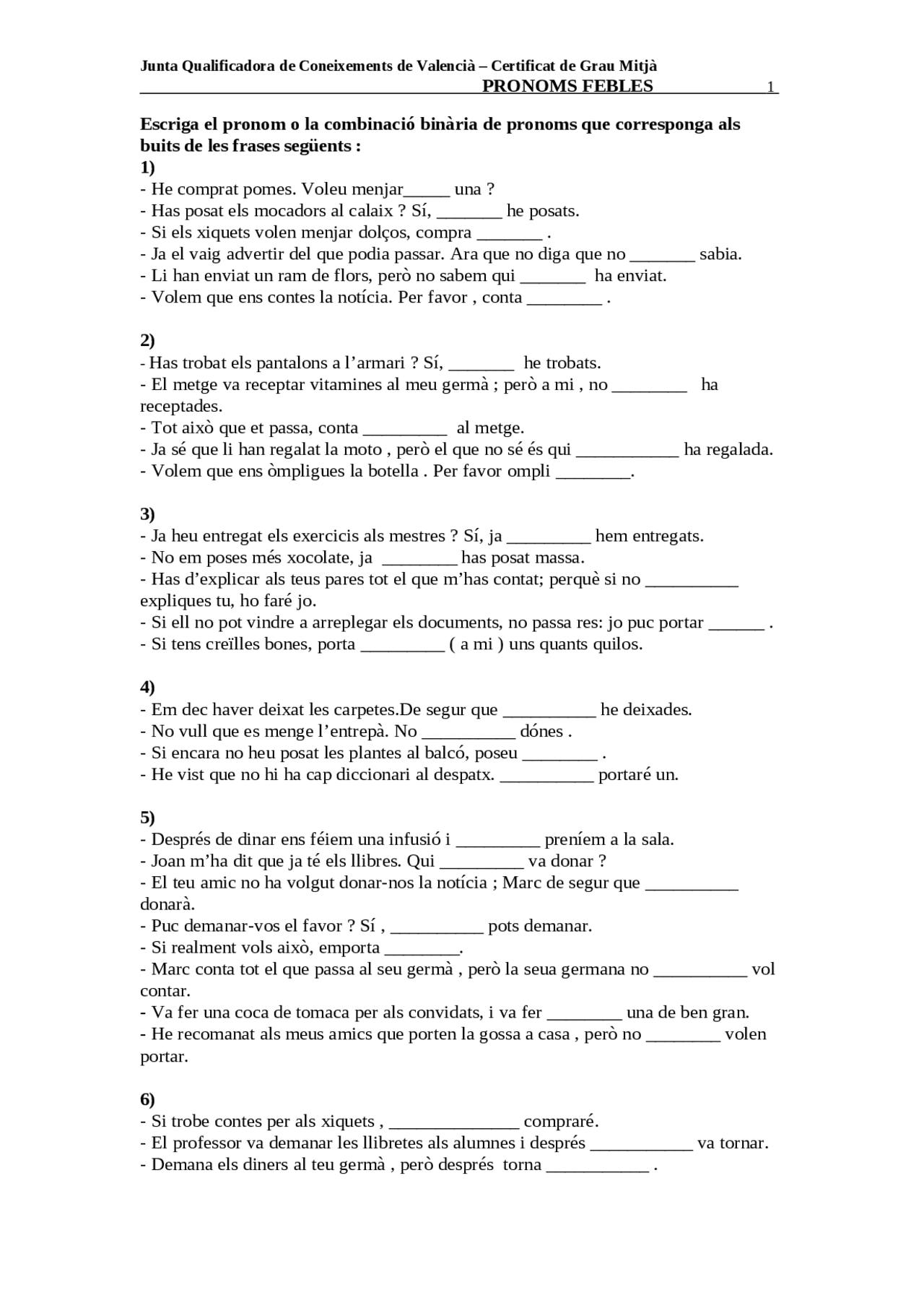 Pronoms Febles Exercicis Dacabament Pronominalització Ejercicios De