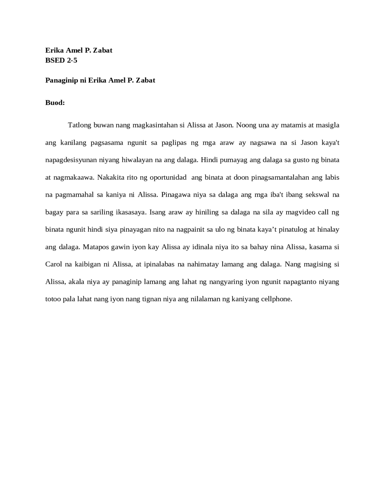 Panaginip (ni Erika Amel P. Zabat) - Docsity