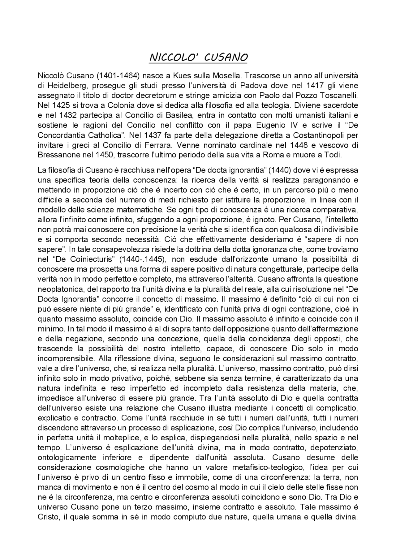 Filosofo: Niccolò Cusano | Dispense di Storia Della Filosofia | Docsity