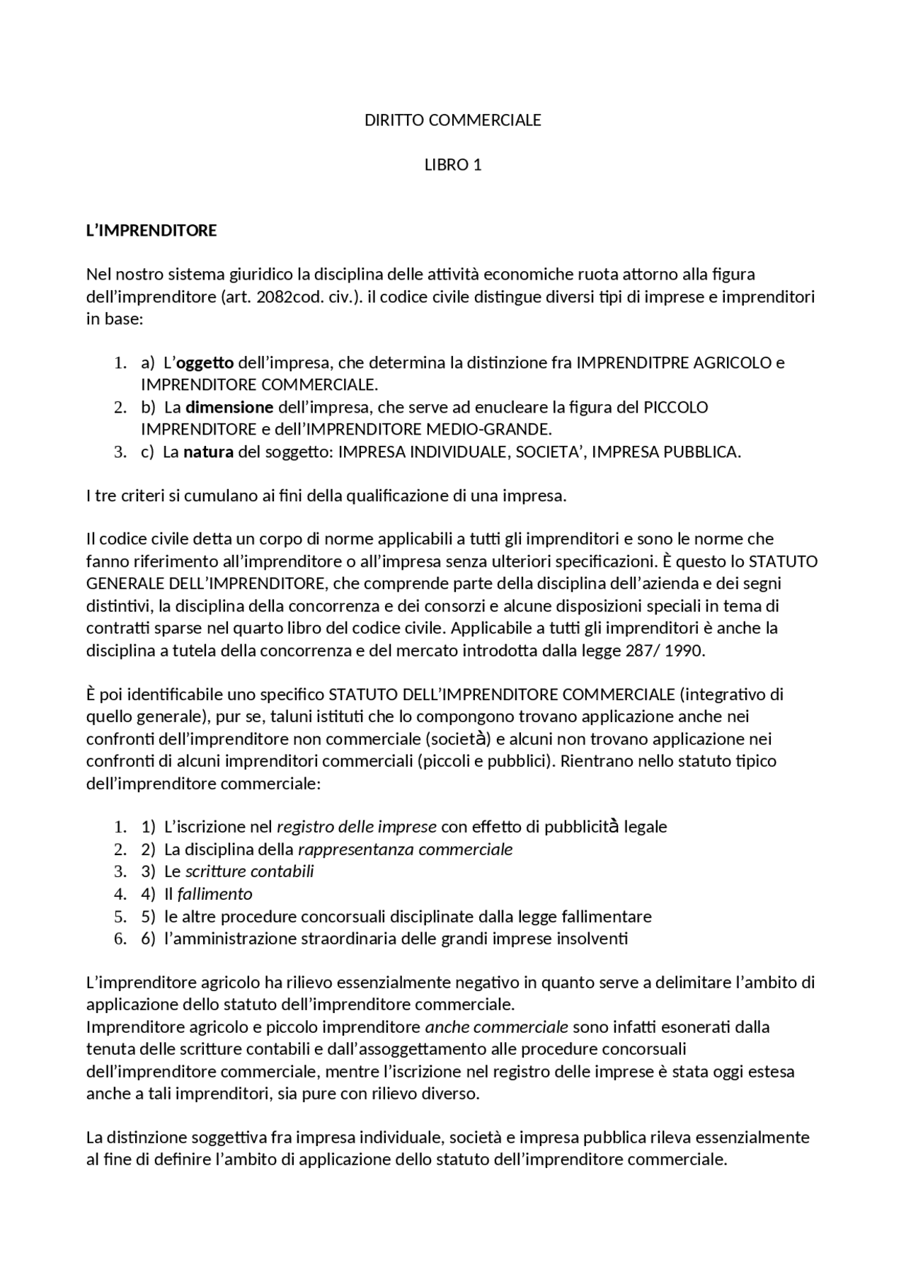 Primo Libro Diritto Commerciale 1 Docsity