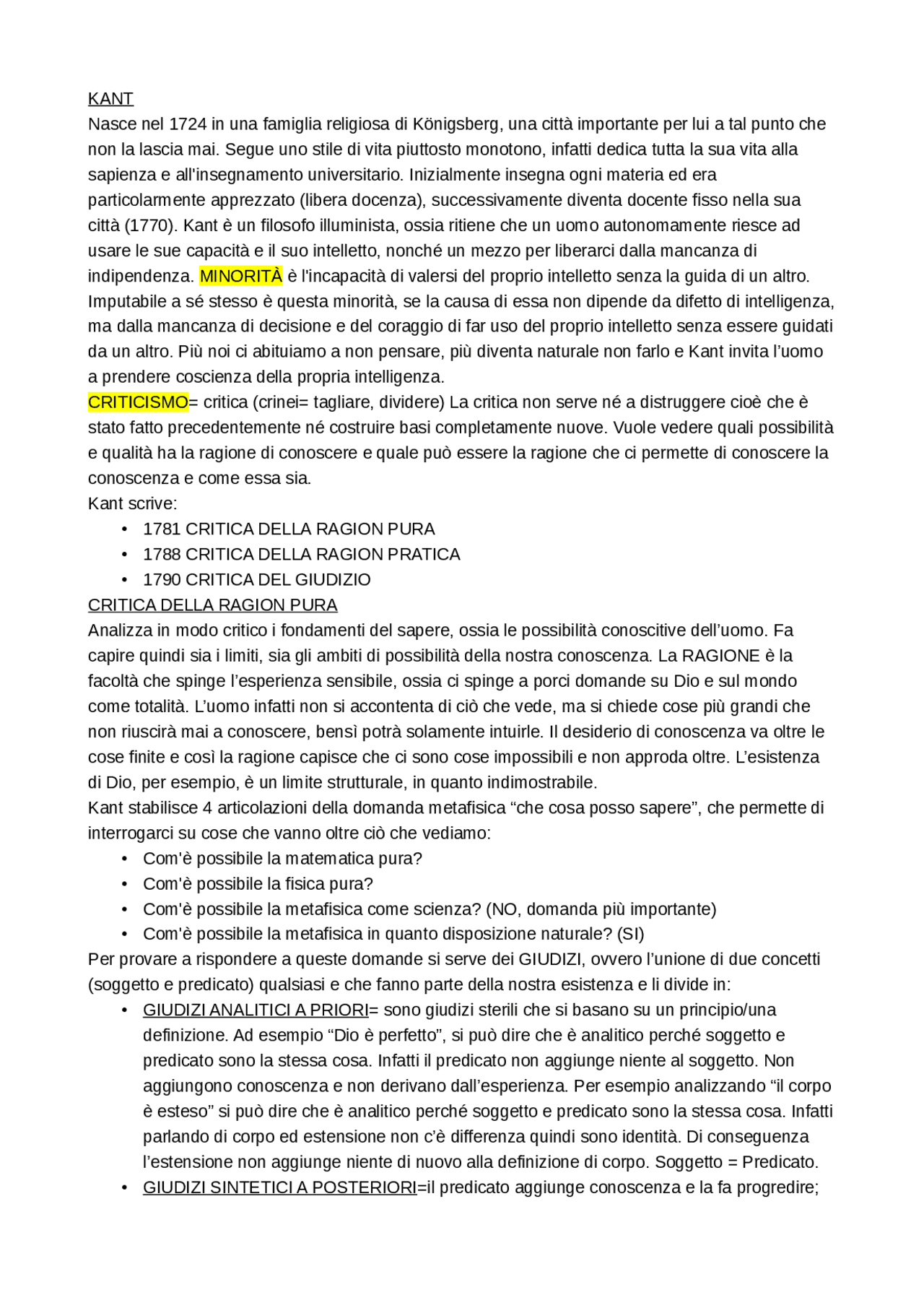 Riassunto Coinciso E Chiaro Filosofia Kantiana Docsity