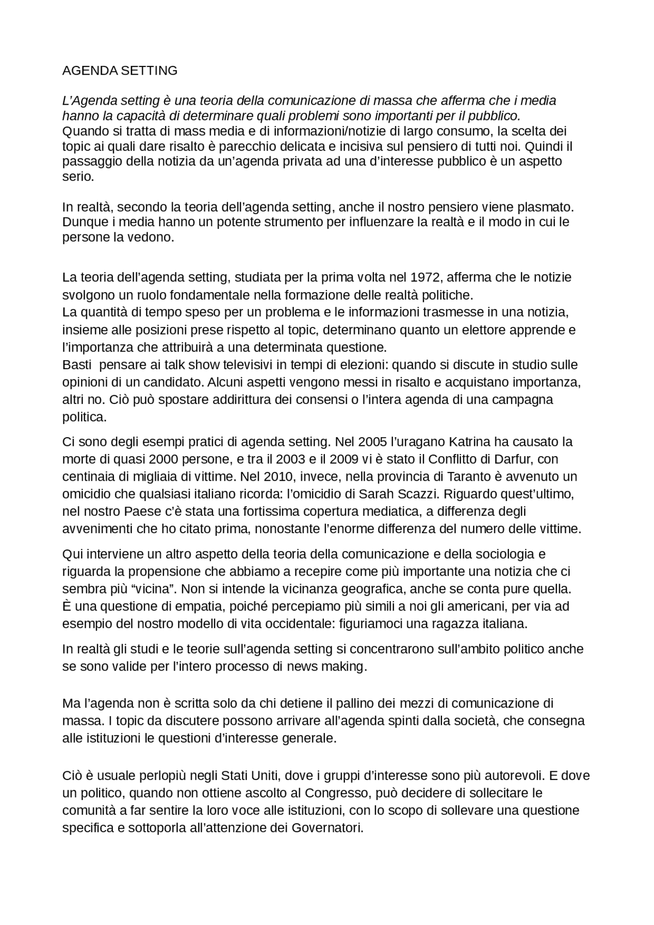 Agenda Setting E Utilizzi Docsity