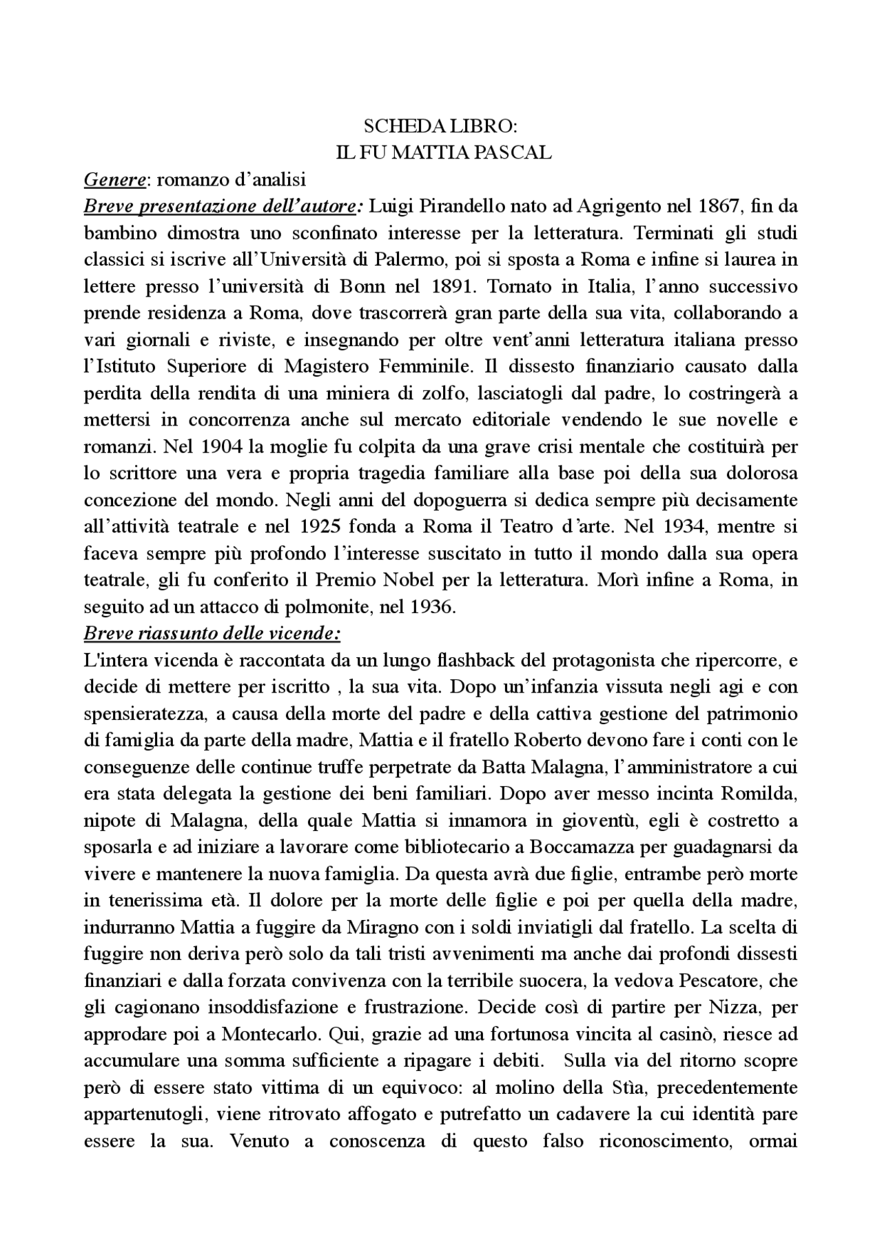 Scheda Del Libro Il Fu Mattia Pascal Docsity