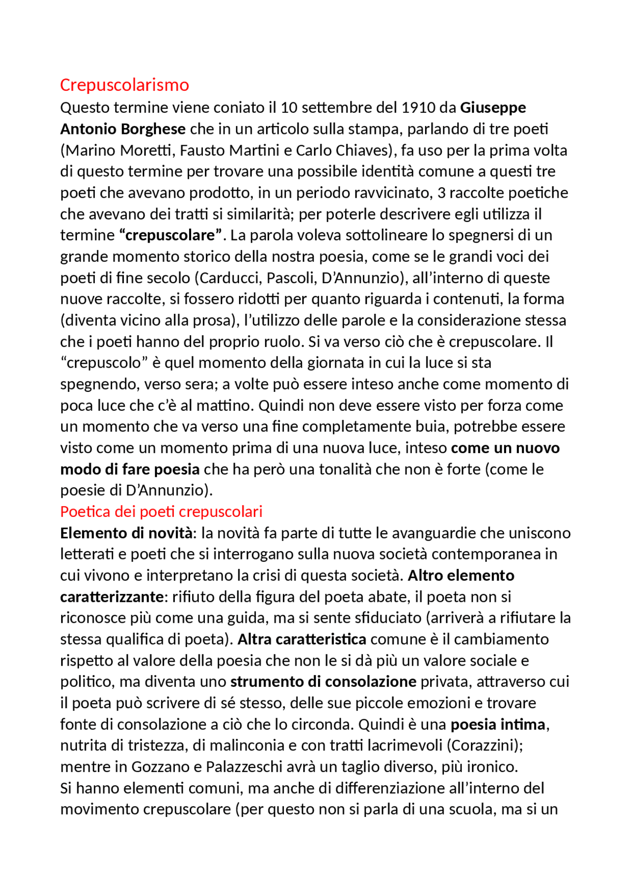 Riassunto Si Teorici Del Crepuscolarismo Docsity