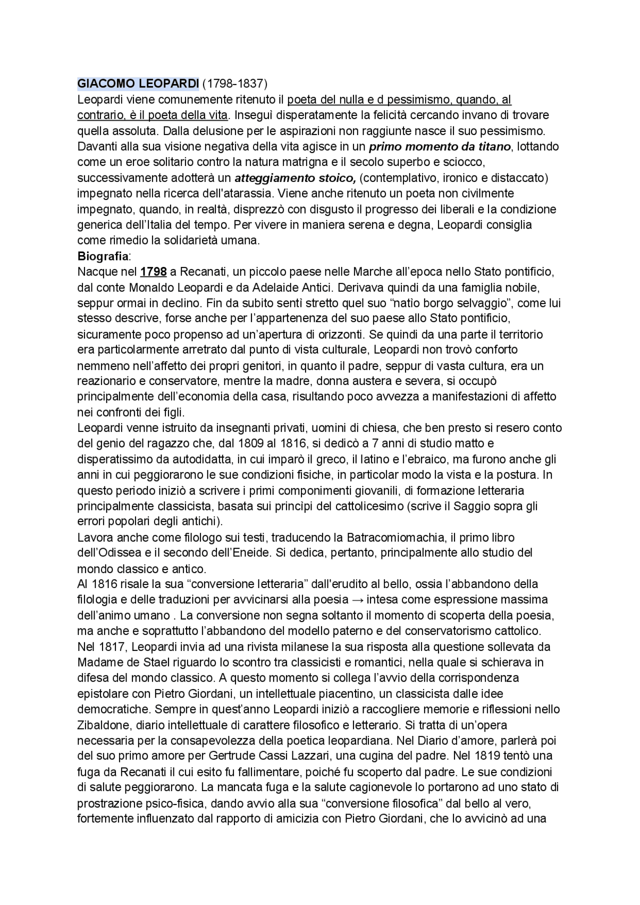 Giacomo Leopardi- biografia e pensiero - Docsity