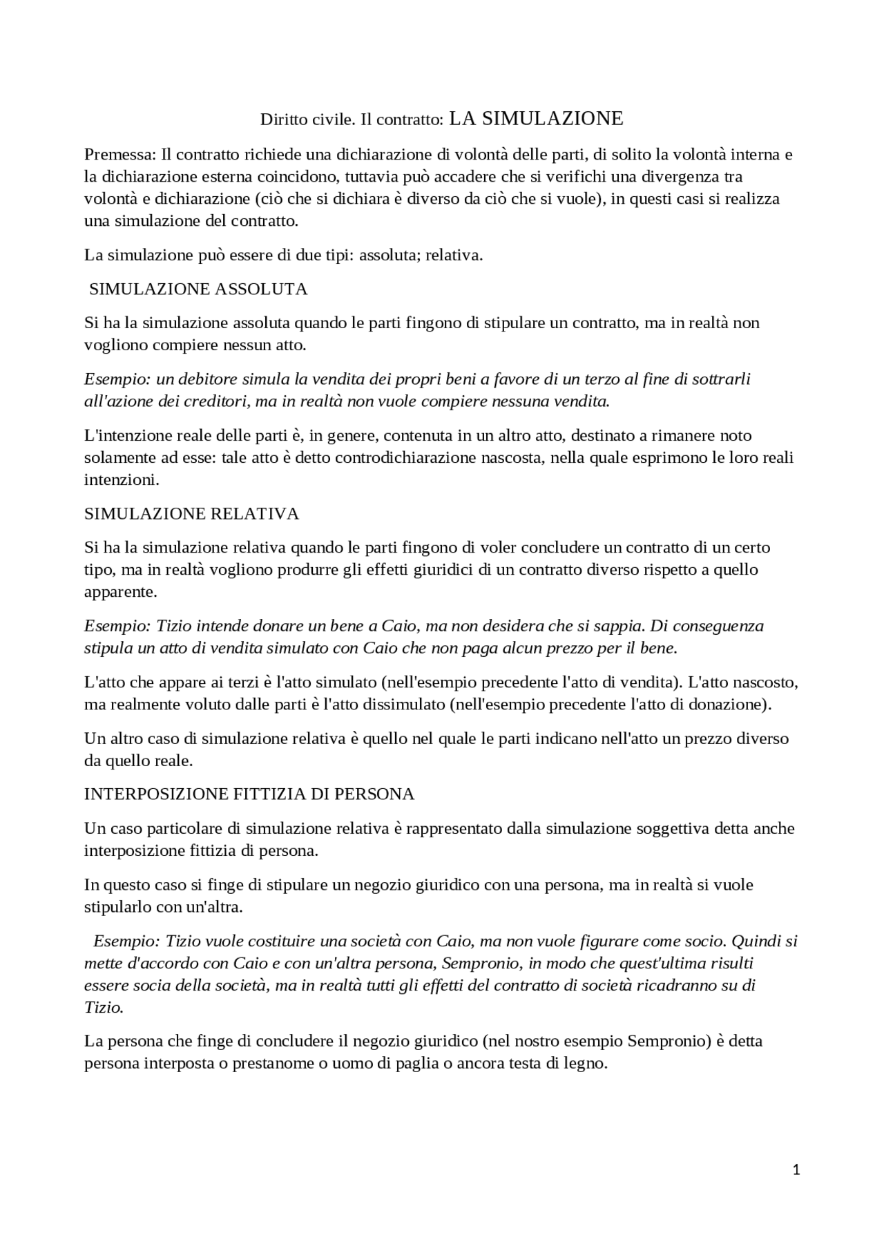 Diritto Civile Il Contratto La Simulazione Docsity