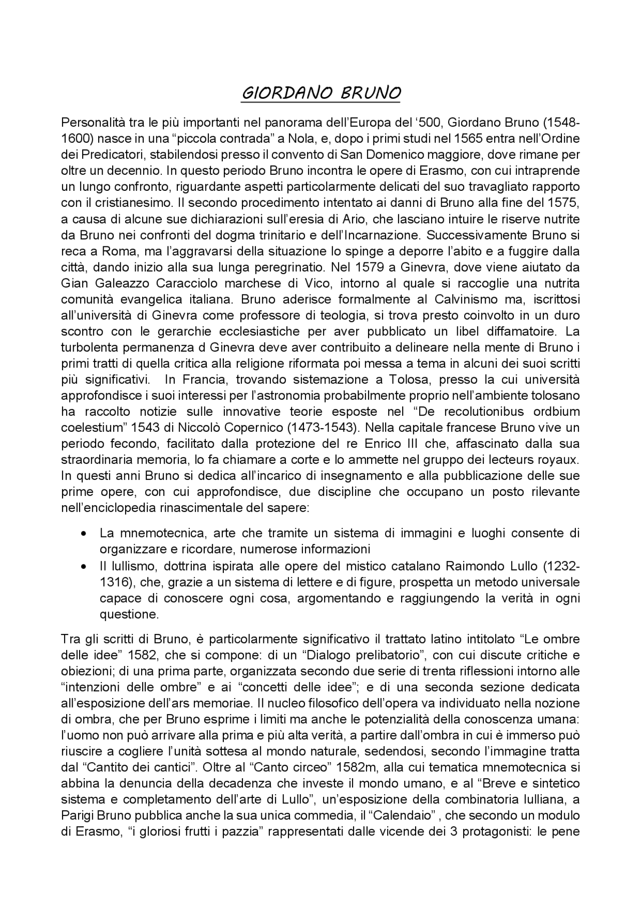 Filosofo Giordano Bruno Docsity