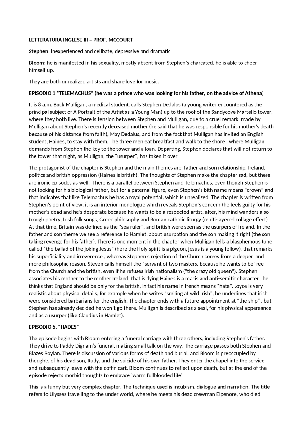 ULYSSES JAMES JOYCE (TELEMACHUS, HADES, ITHACA) - Docsity