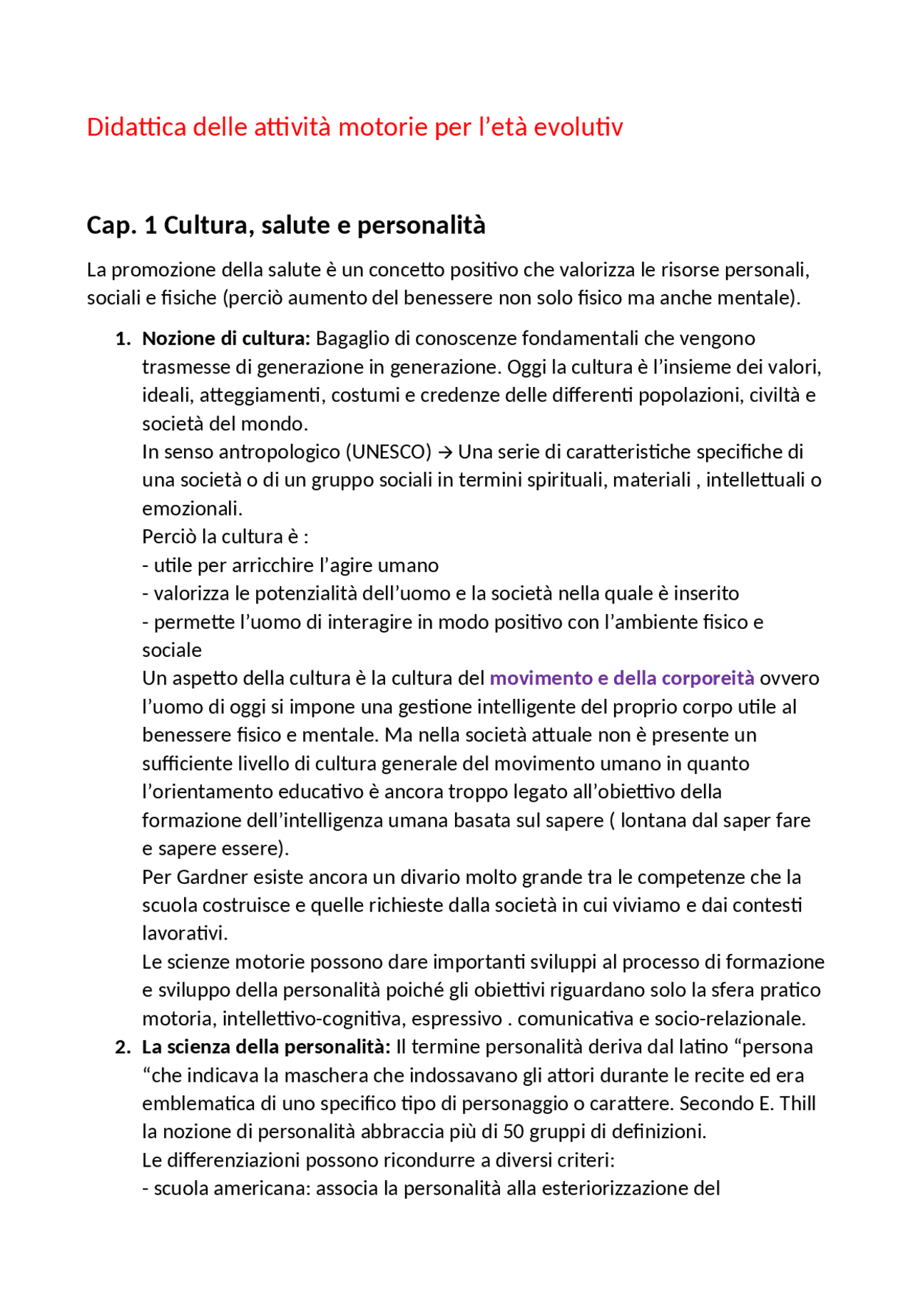 Didattica Delle Attività Motorie Per Letà Evolutiva Docsity