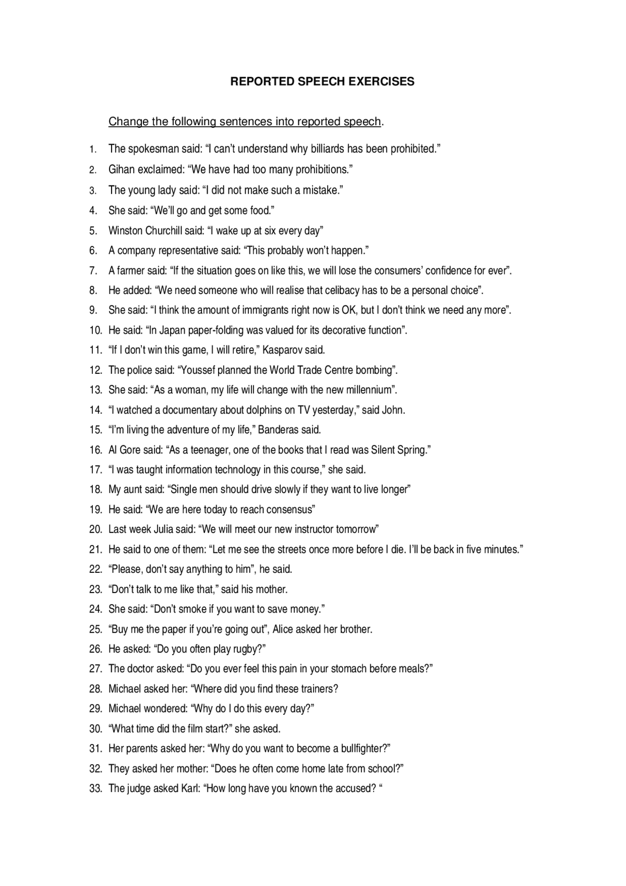 Reported speech with solutions | Ejercicios de Inglés | Docsity