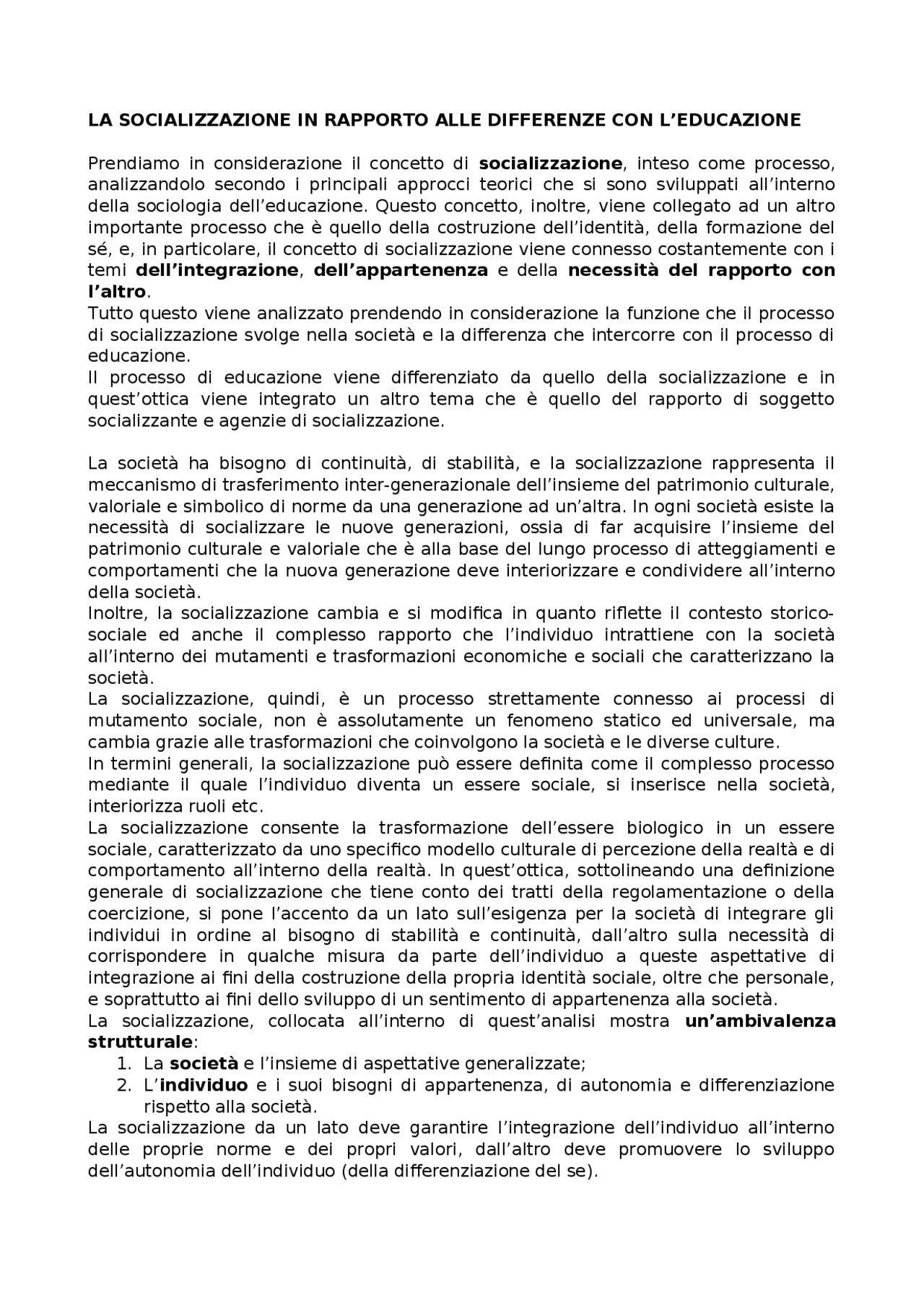 Differenze Tra Educazione E Socializzazione Docsity