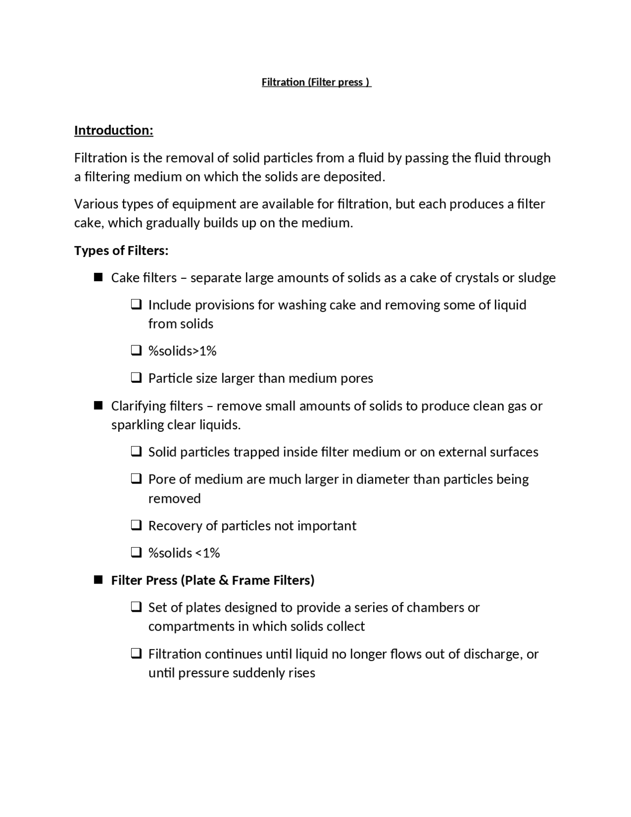 Filtration (Filter press): Introduction - Docsity