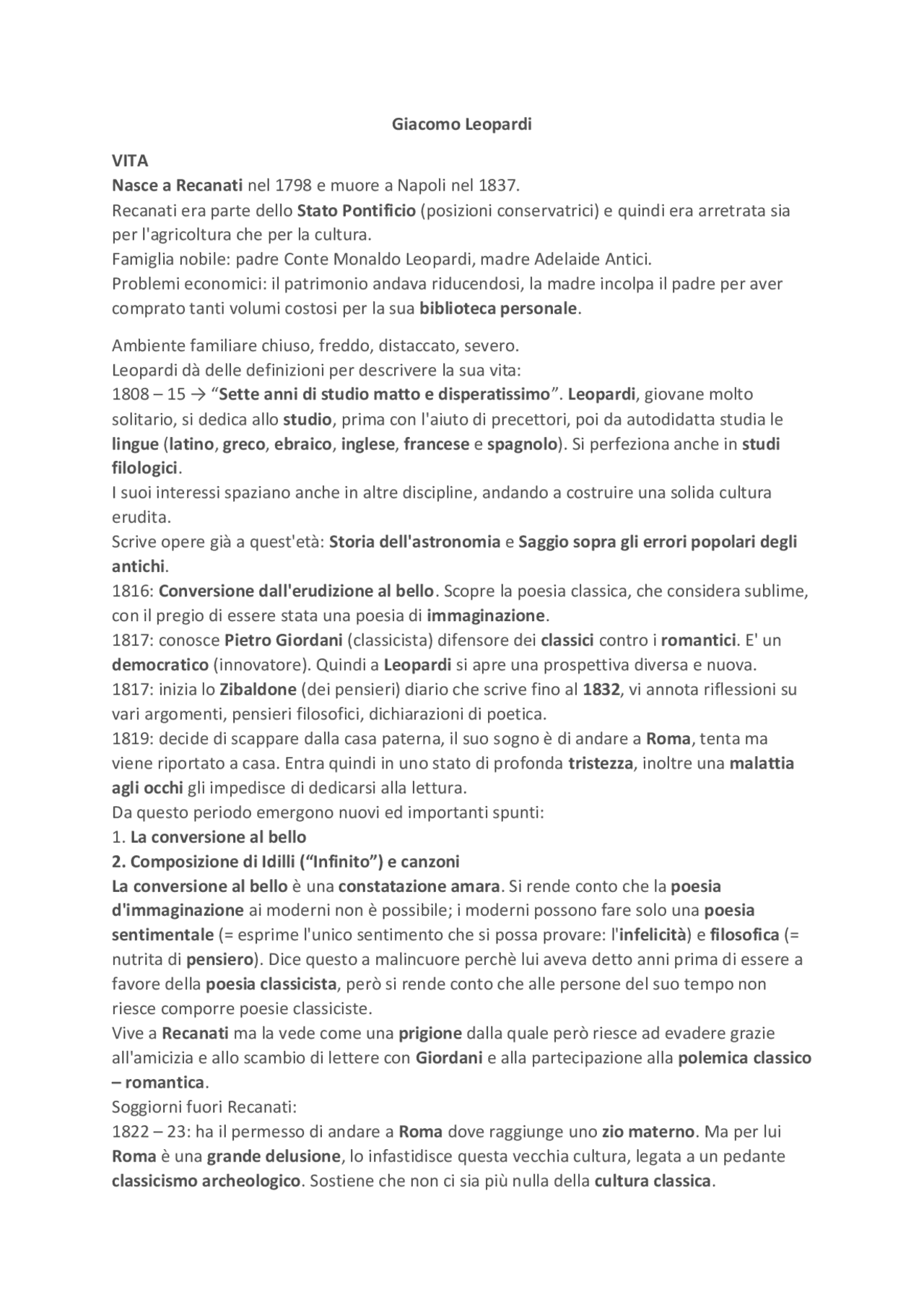 Appunti Su Giacomo Leopardi Vita Pensiero E Opere Docsity