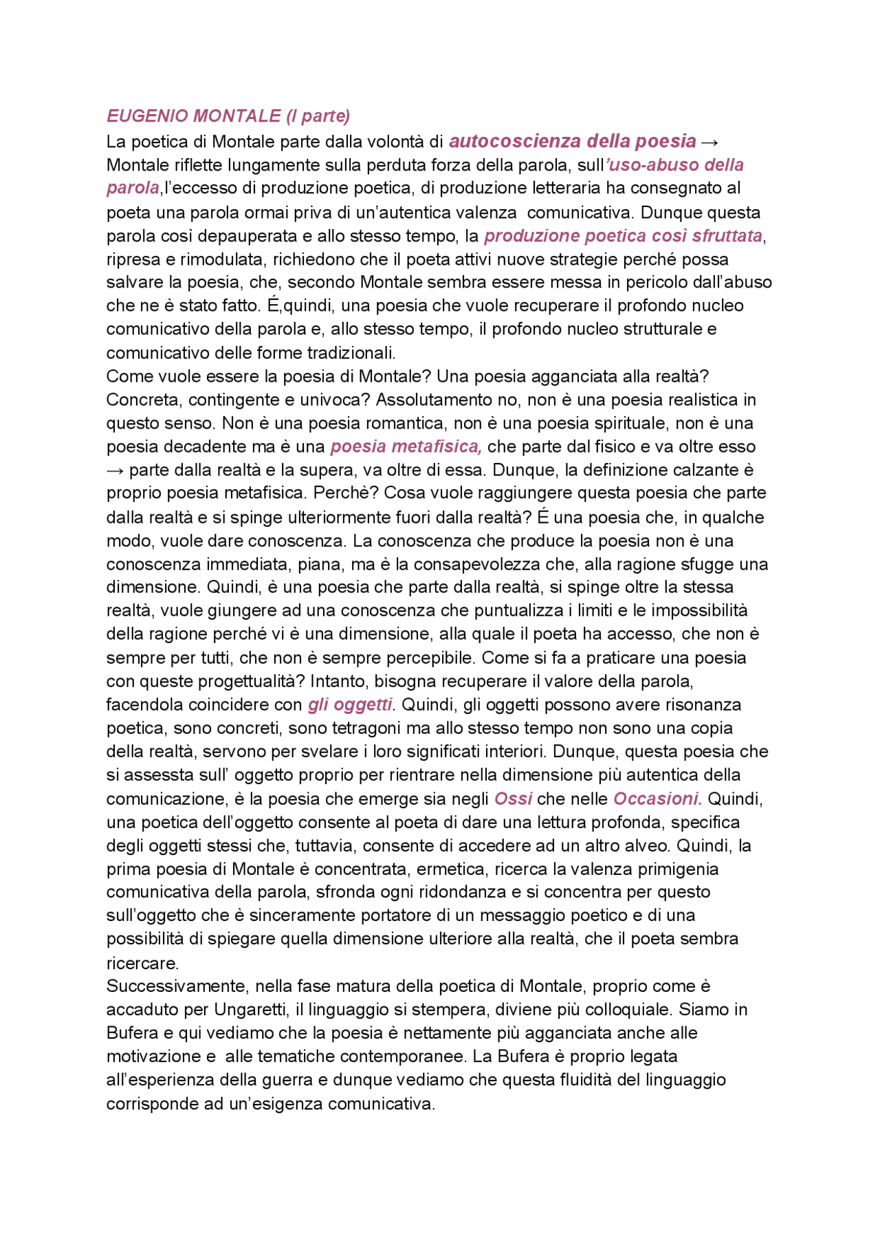 Le Opere Di Eugenio Montale Docsity