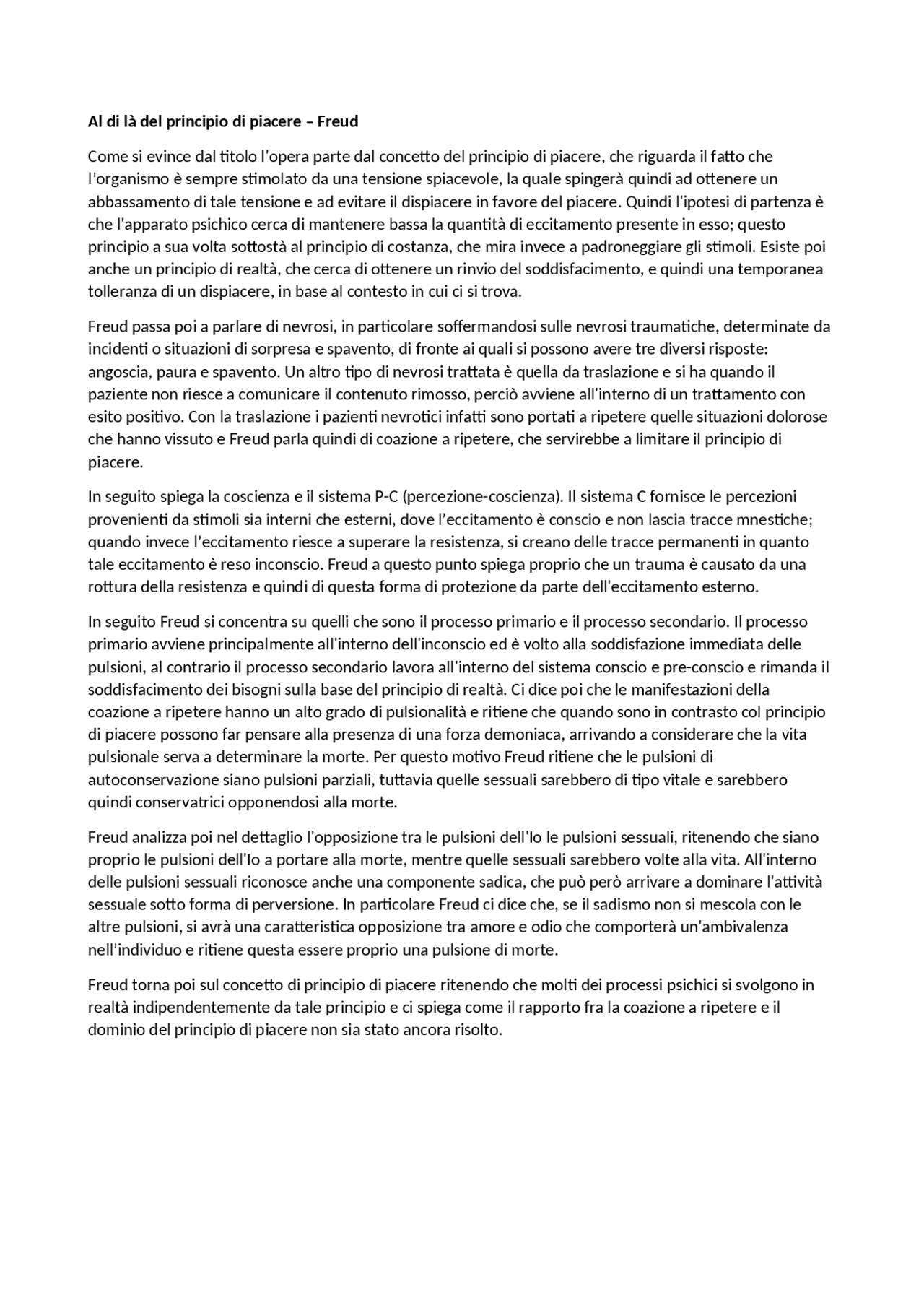 Al Di Là Del Principio Di Piacere Freud Docsity