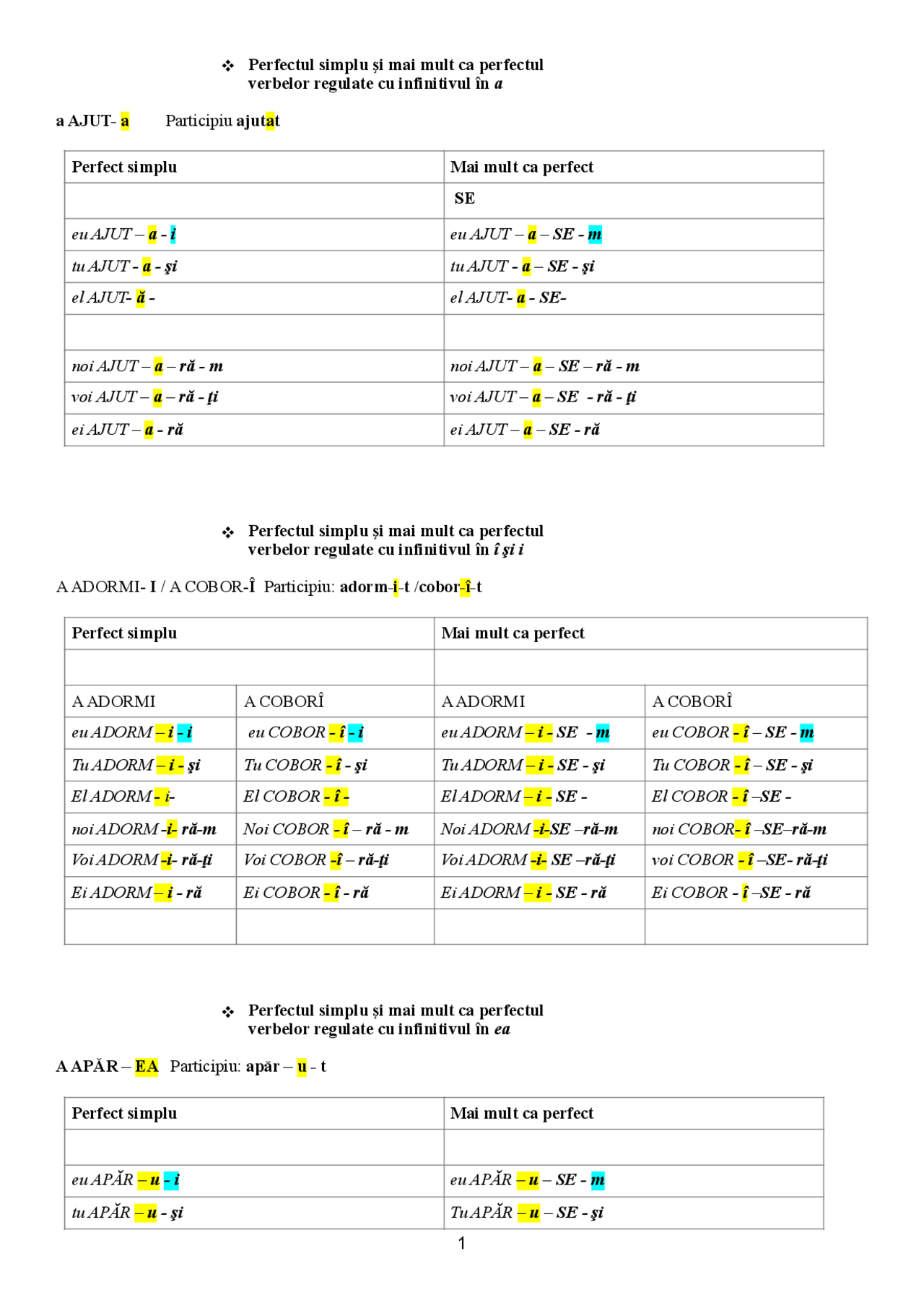 PERFECTUL SIMPLU + MAI MULT CA PERFECTUL | Appunti di Lingue | Docsity