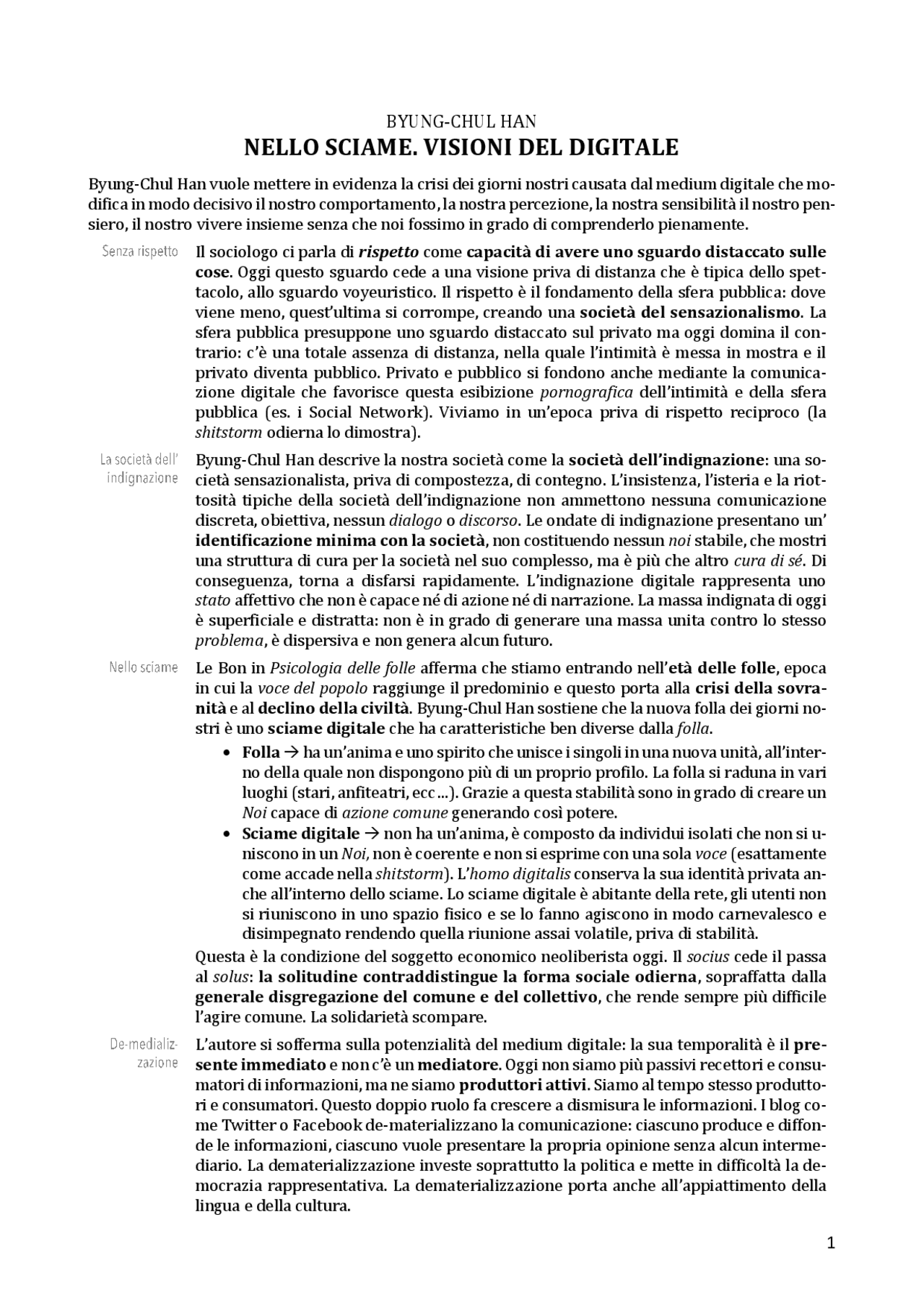 Nello Sciame Visioni Del Digitale Byung Chul Han Riassunto Per
