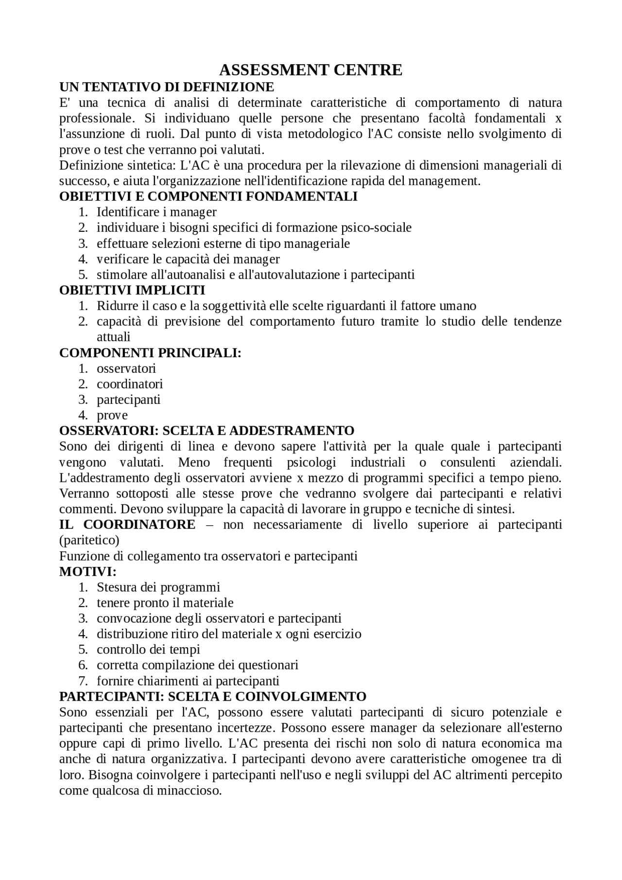 Riassunti Assessment Centre Docsity