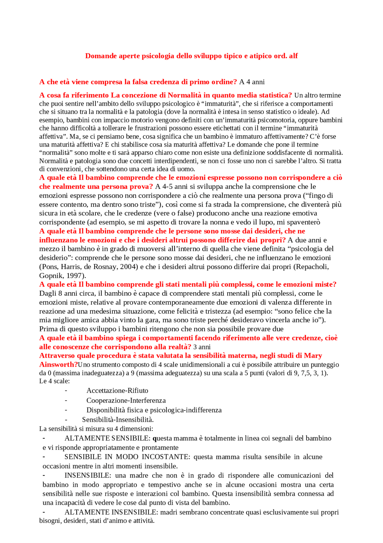 Domande Aperte Psicologia Dello Sviluppo Tipico E Atipico Docsity