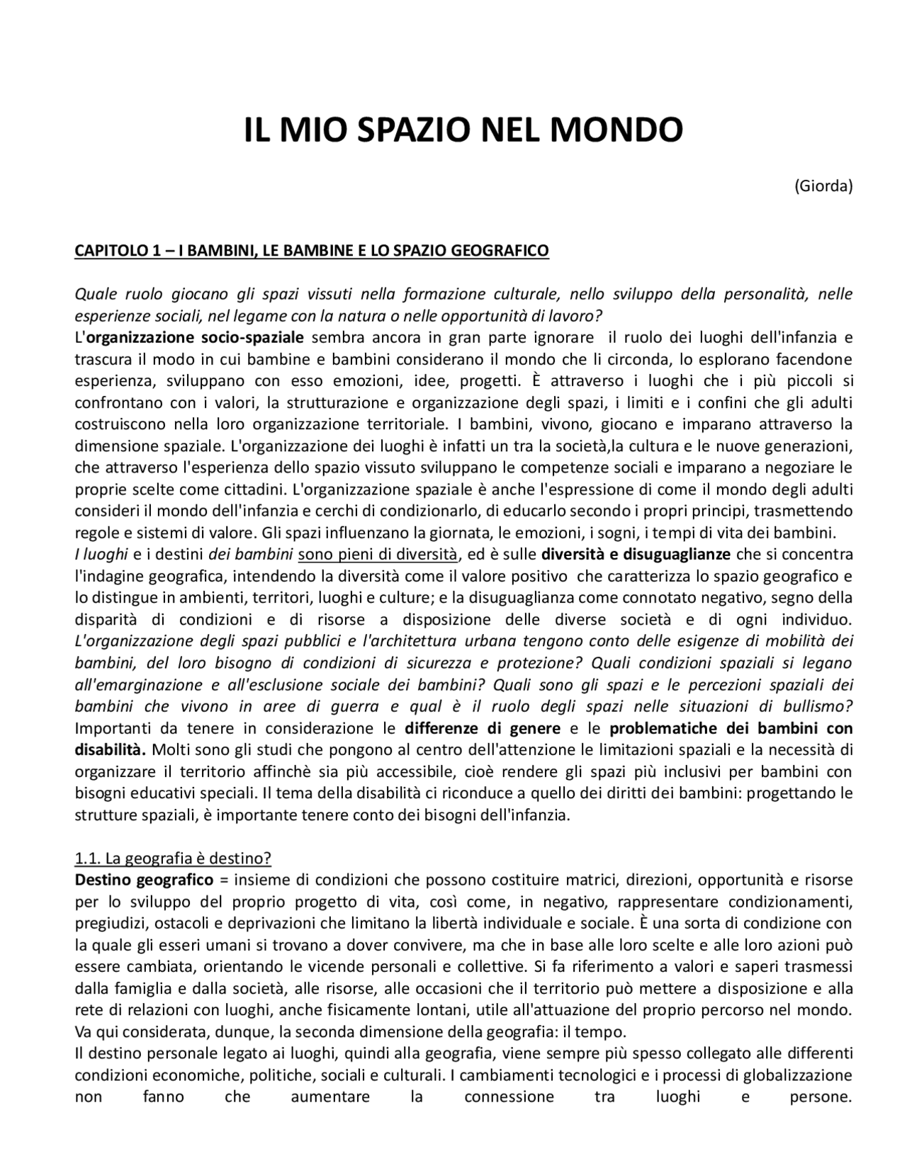 Il Mio Spazio Nel Mondo Giorda Docsity
