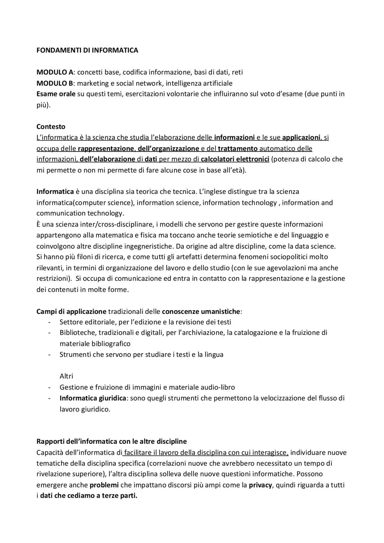 Fondamenti Di Informatica Per Le Scienze Umanistiche Lettere Docsity