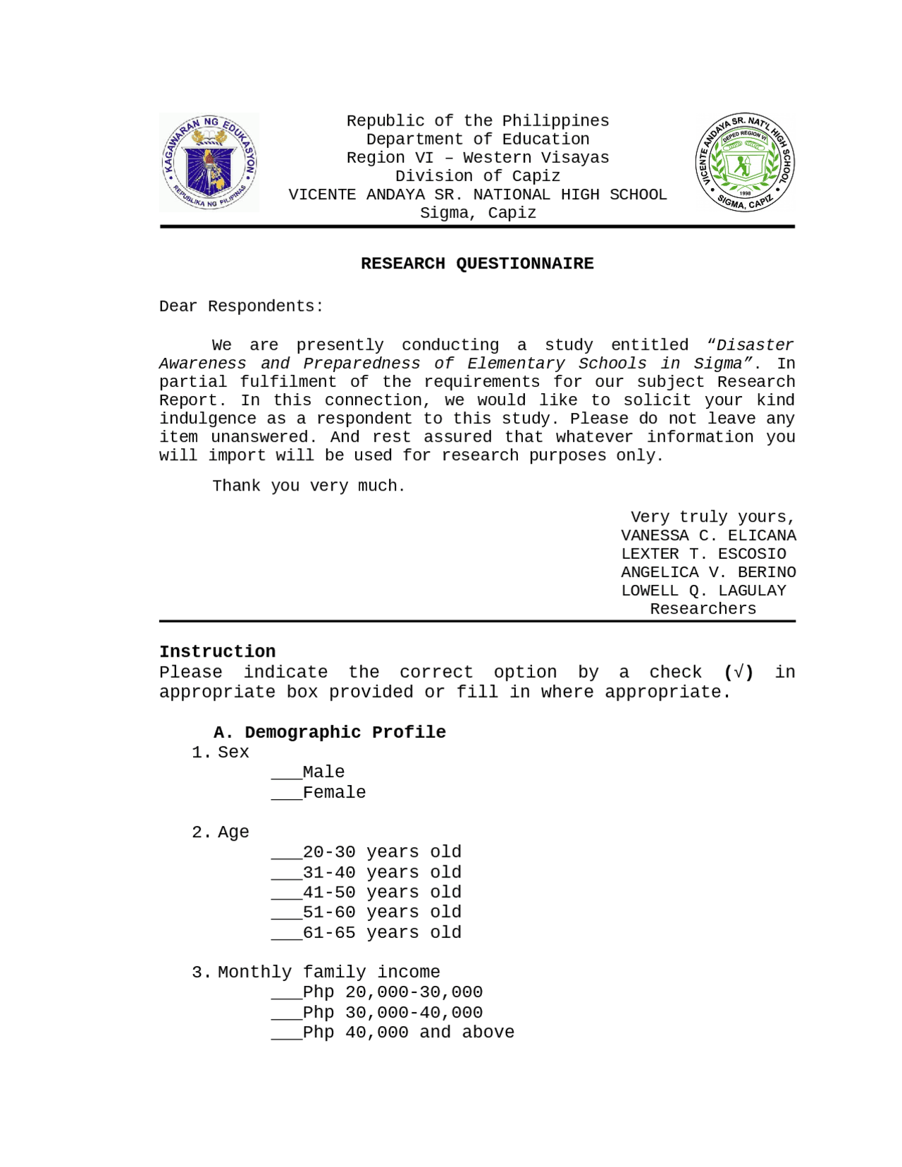 Questionnaire For Thesis Docsity