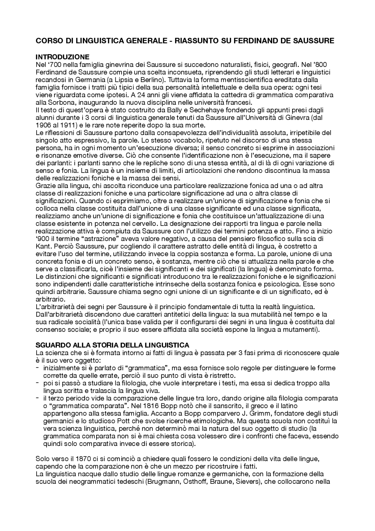 Riassunto Di Corso Di Linguistica Generale Di Saussure Docsity