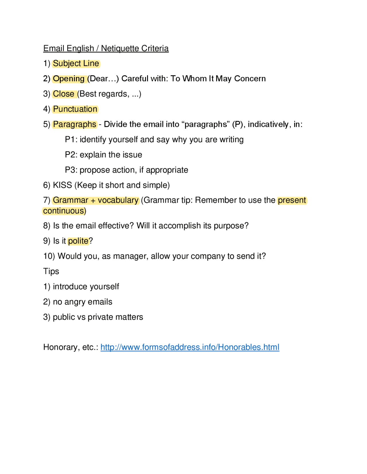 Criteria for Emails in English - Docsity
