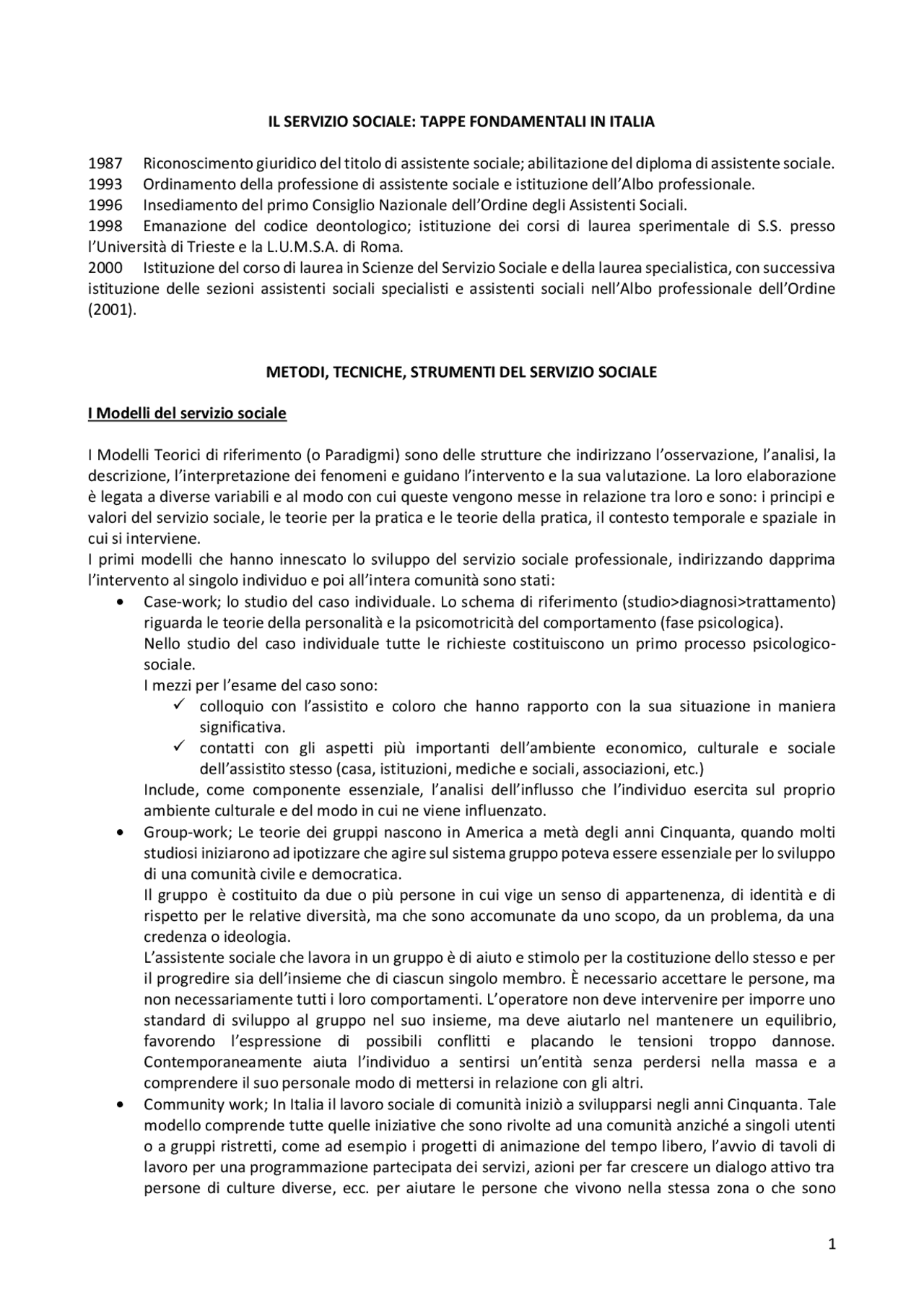 Metodi E Tecniche Del Servizio Sociale Docsity