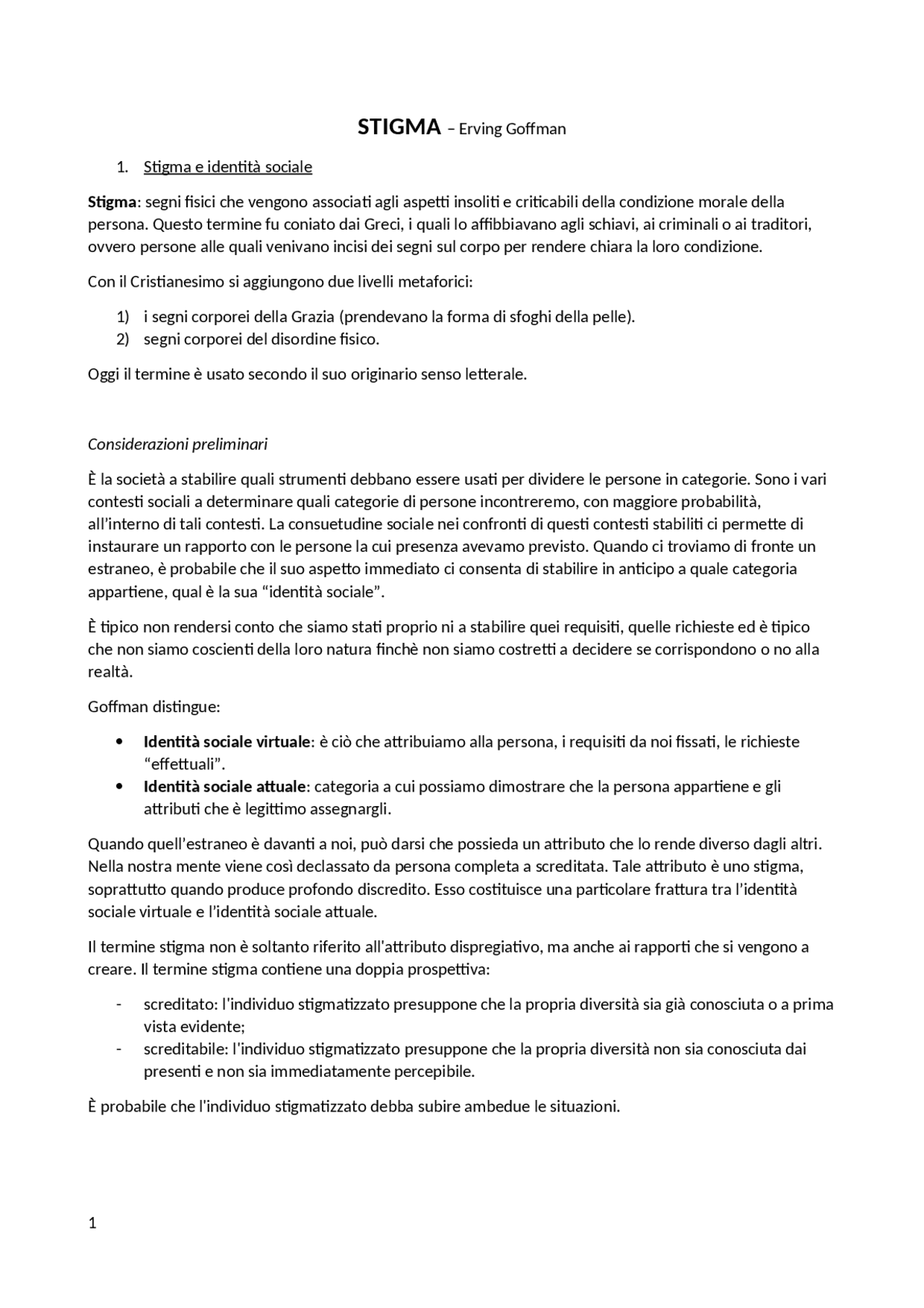 Riassunto Stigma Goffman E Docsity